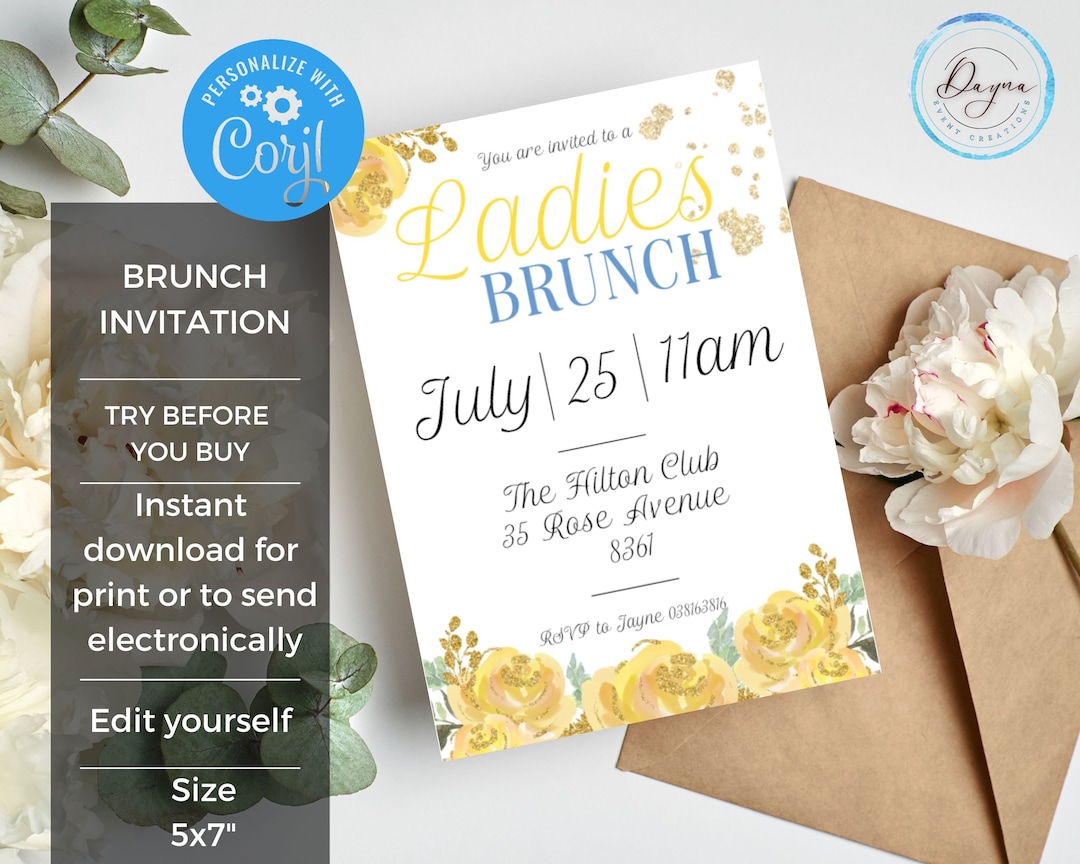Editable Floral Ladies Brunch Invitation Template | Yellow Roses Party ...