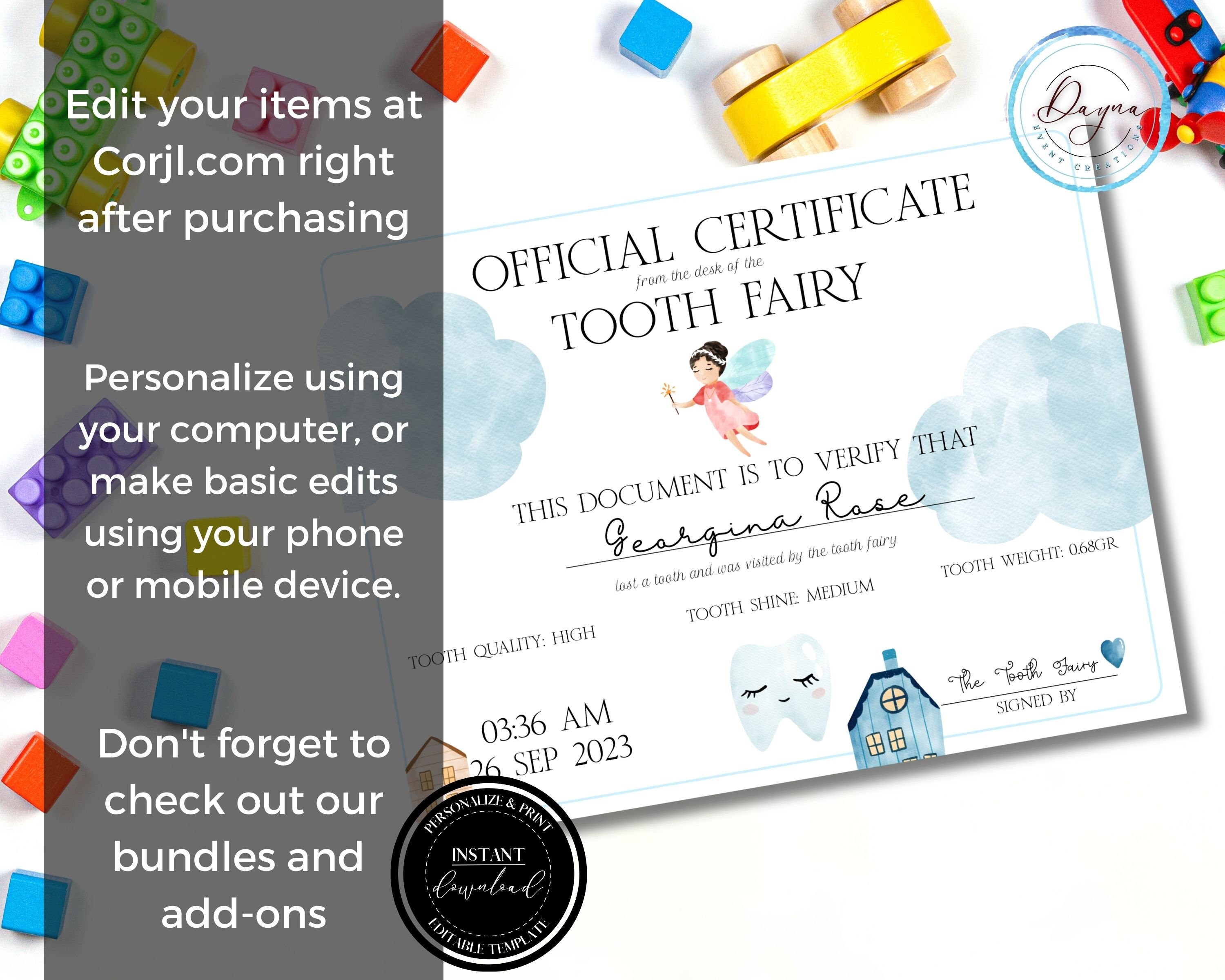 Editable Kid Tooth Fairy Certificate Template Baby Blue Lost Tooth ...