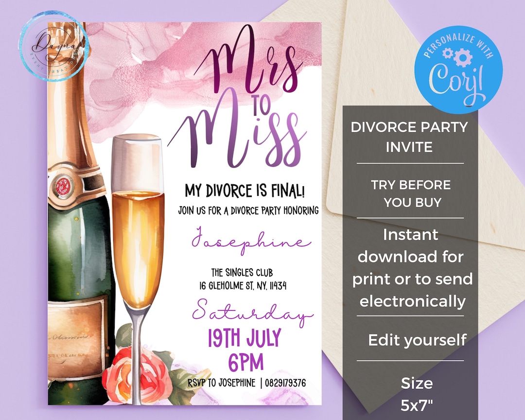 Editable Divorce Party Invitation Printable | Mrs. to Ms. Party Invite ...