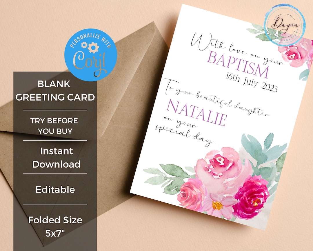 Editable Baptism Greeting Card Printable | Watercolor Pink Floral DIY ...