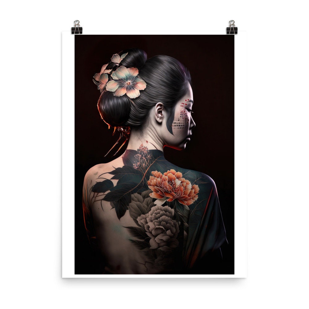 Japanese Geisha With Dark Background With 2 Big Flowers on Her Back ...