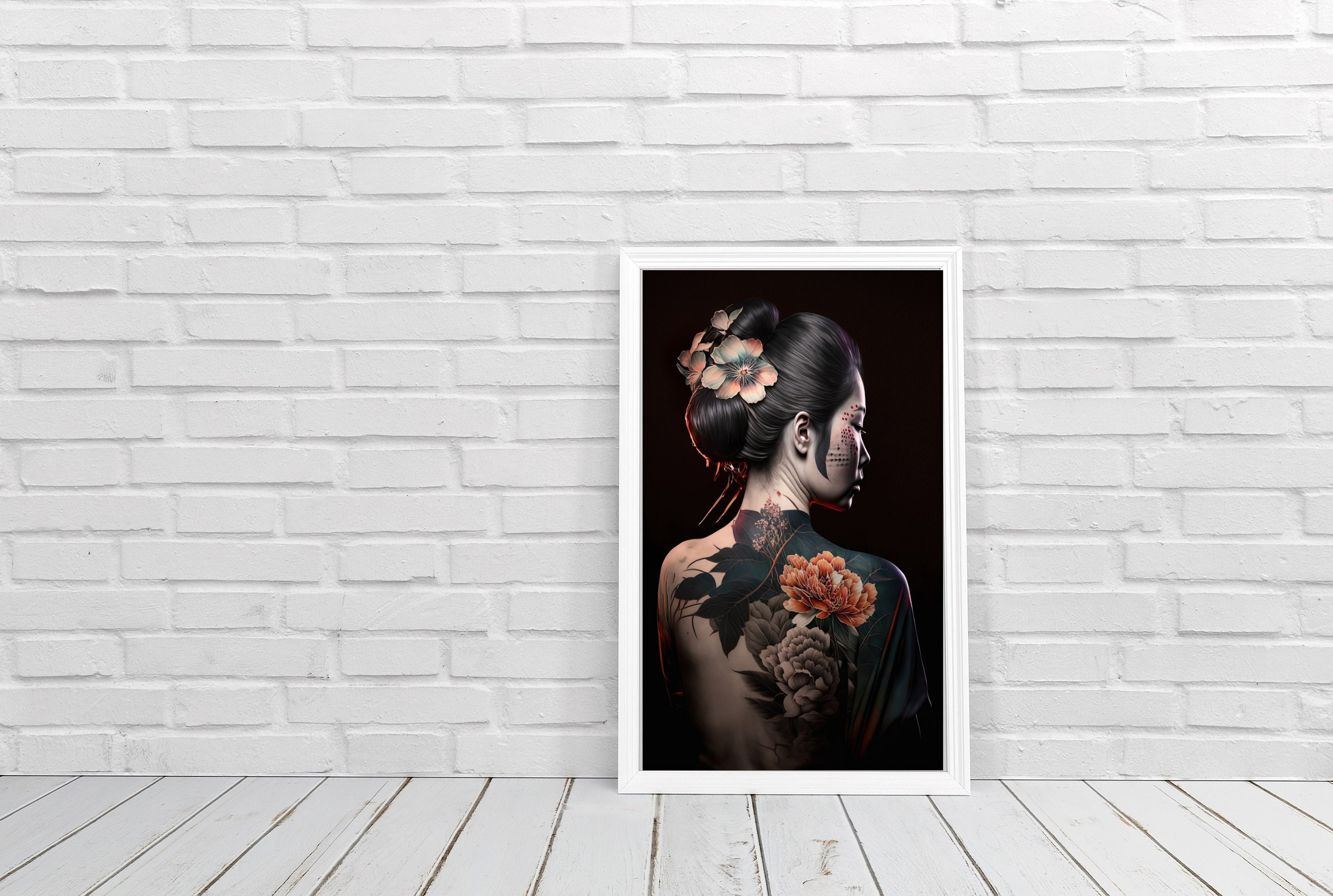 Japanese Geisha With Dark Background With 2 Big Flowers on Her Back ...