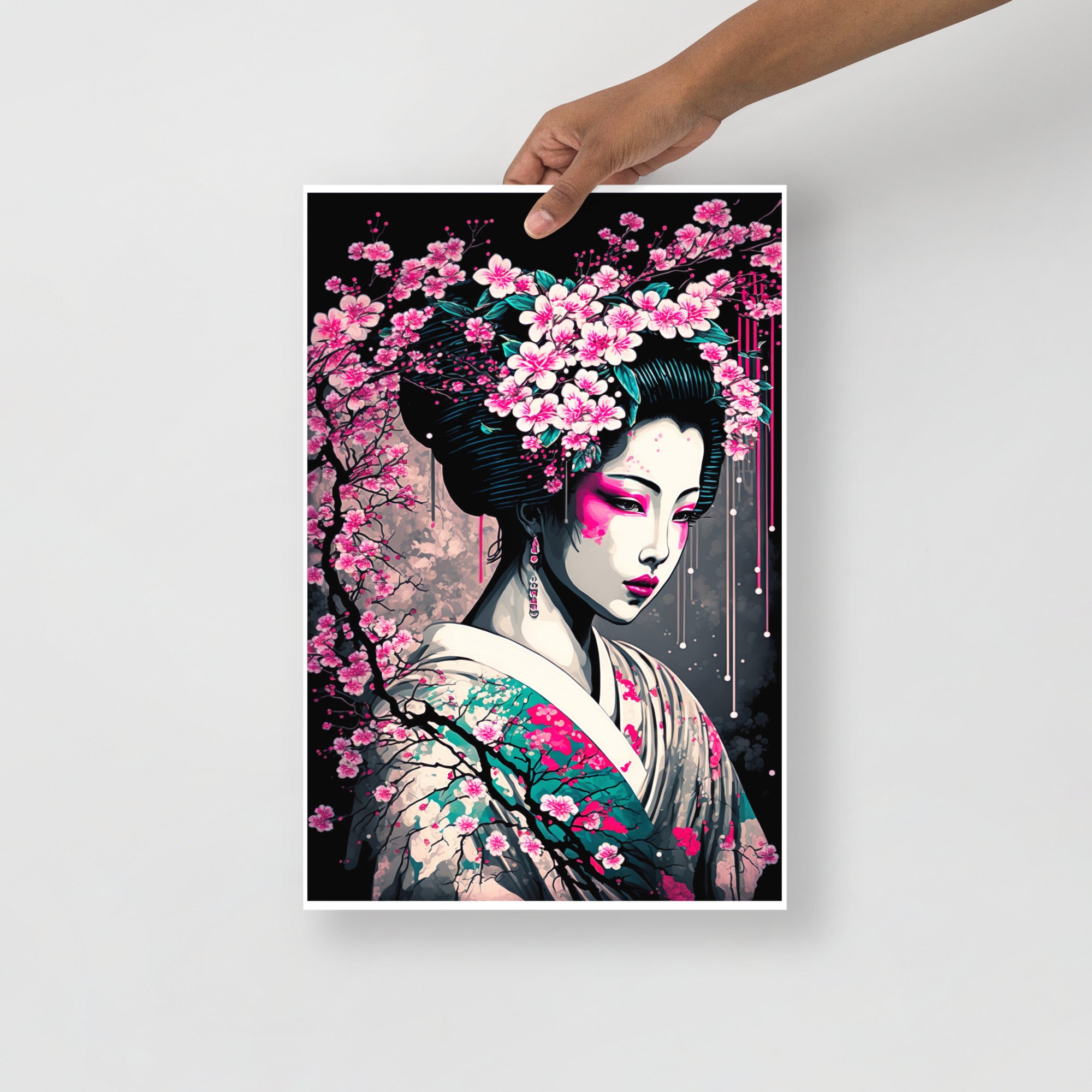 Japanese Geisha in Sakura Sea of Flowers, Japan Art Wall Decoration ...