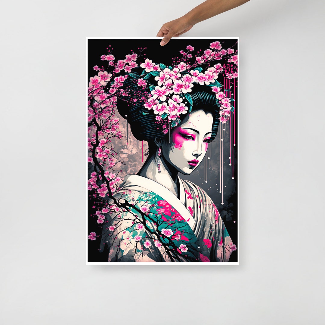 Japanese Geisha in Sakura Sea of Flowers, Japan Art Wall Decoration ...