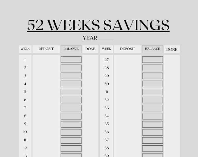 52 Weeks Saving Printable Tracker - Etsy