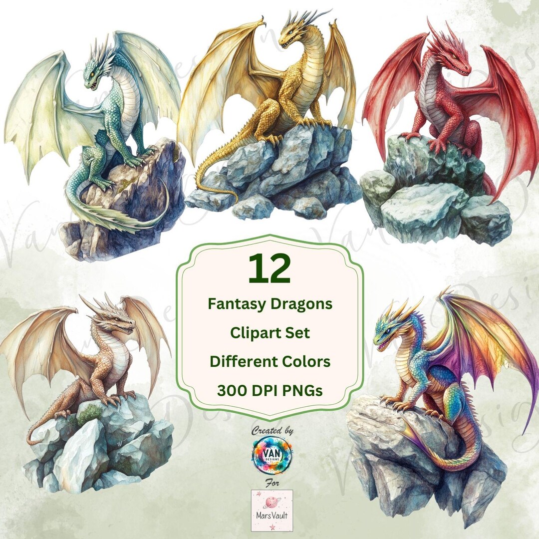 Watercolor Fantasy Dragon Clipart Set, Beautiful Colorful Fantasy ...