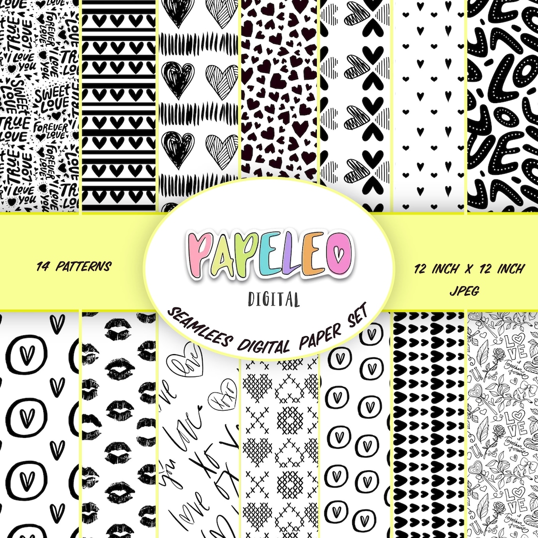 Black and White Digital Paper, Love Seamless Digital Paper,love Hearts ...