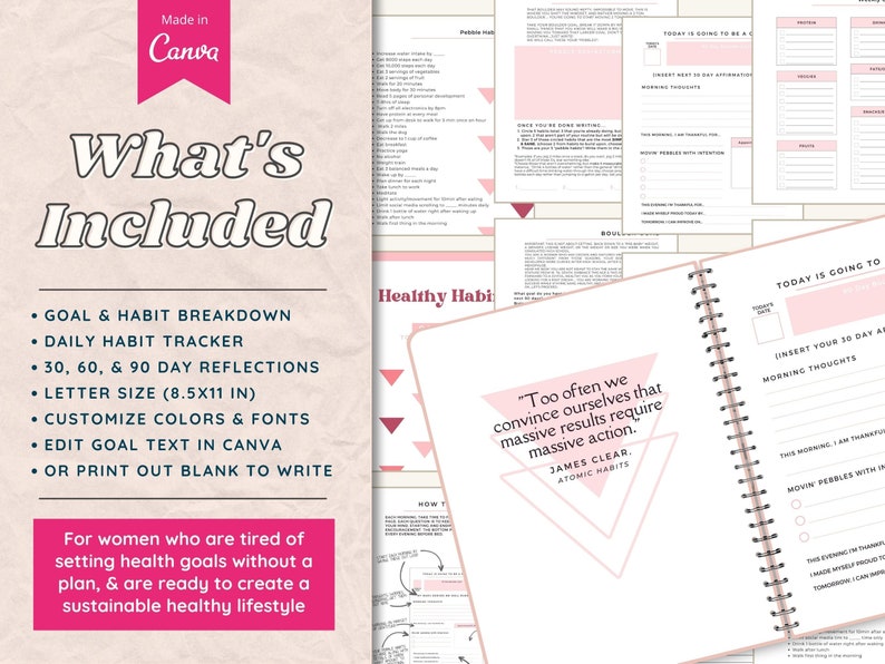 PRINTABLE PINK Goal Habit Journal | PDF Daily Planner | Health Wellness ...