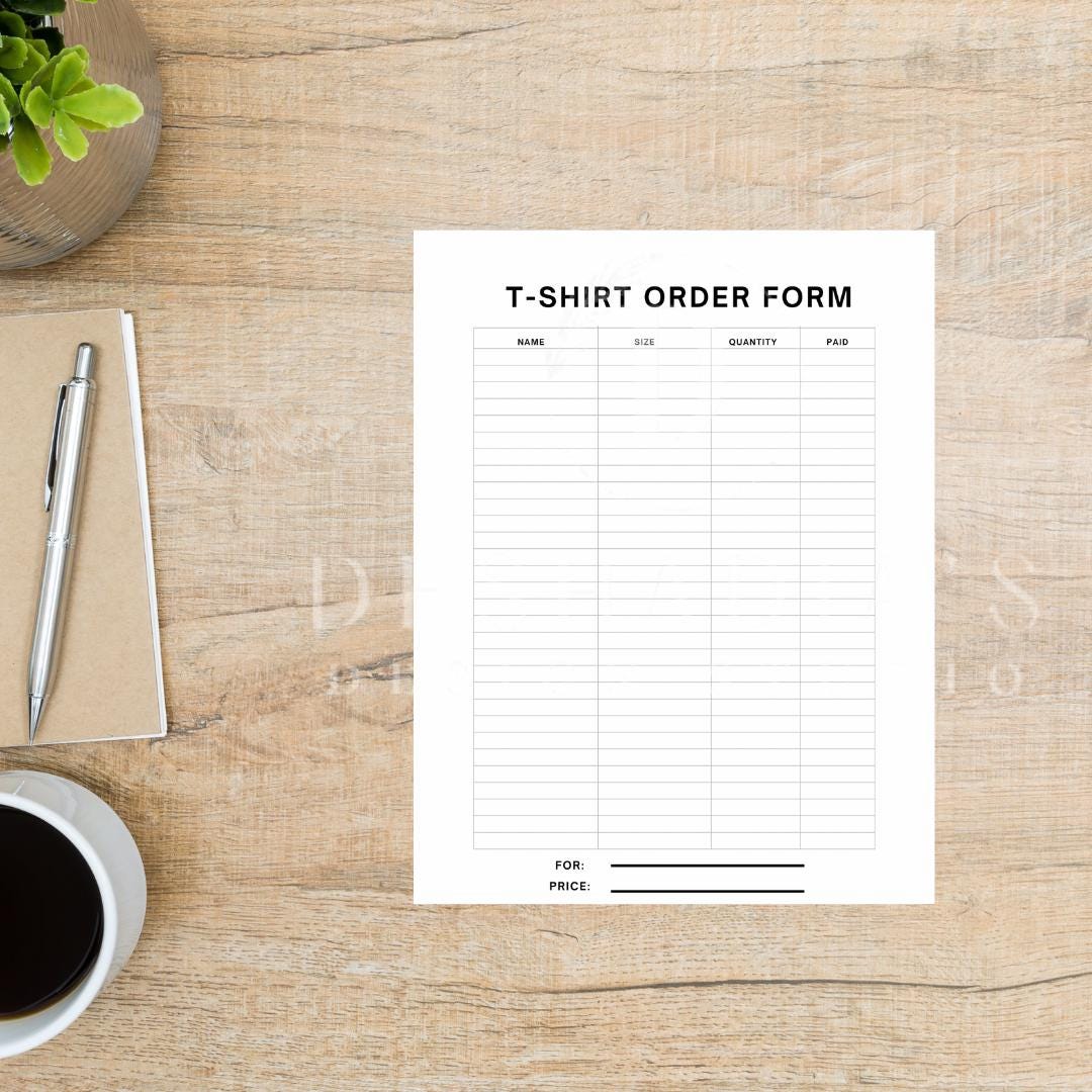T-shirt Order List Form, Printable T-shirt Form, Digital Form Template ...