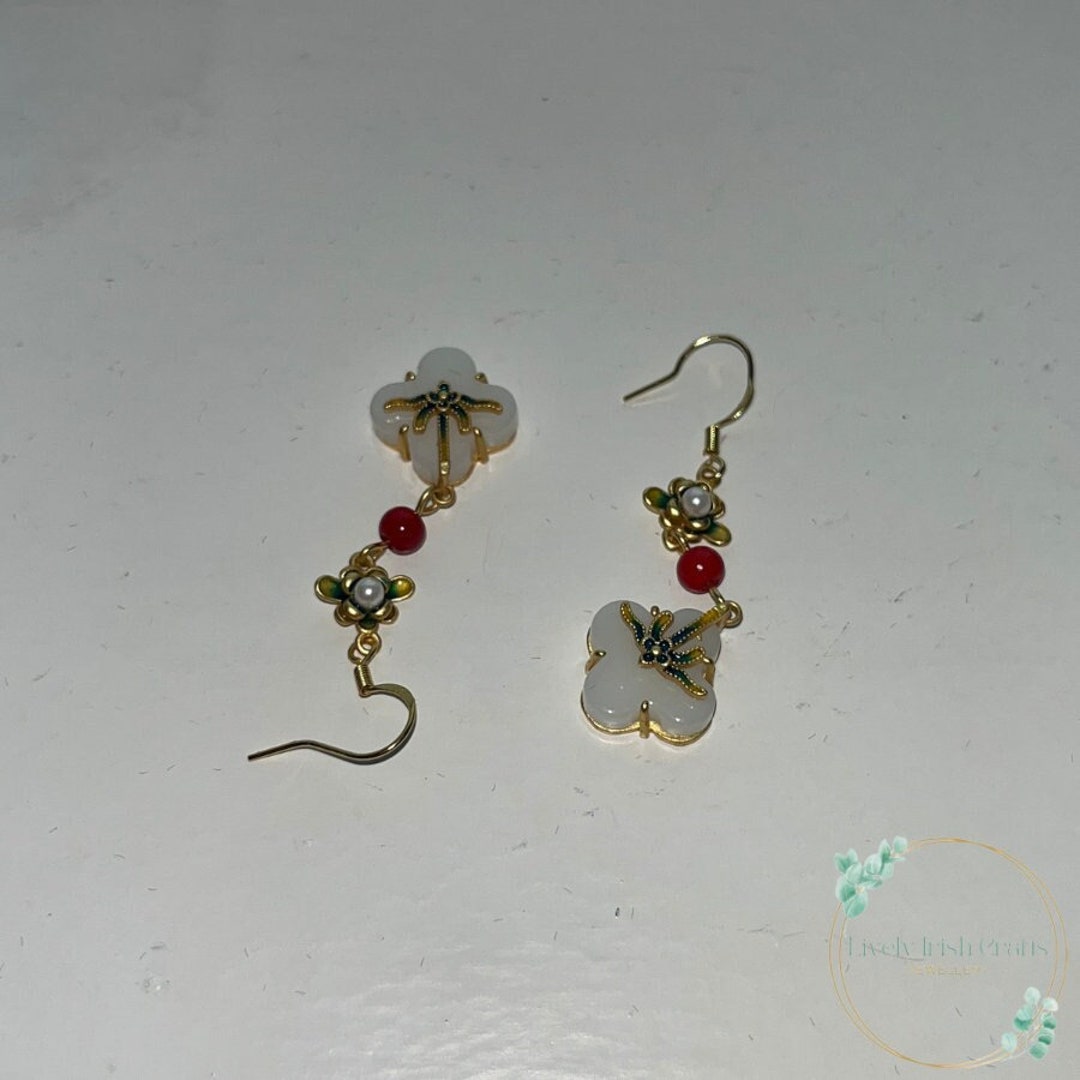 Long Lotus Tassel Earring, Hetian Jade Earring, Gold Plated Lotus ...