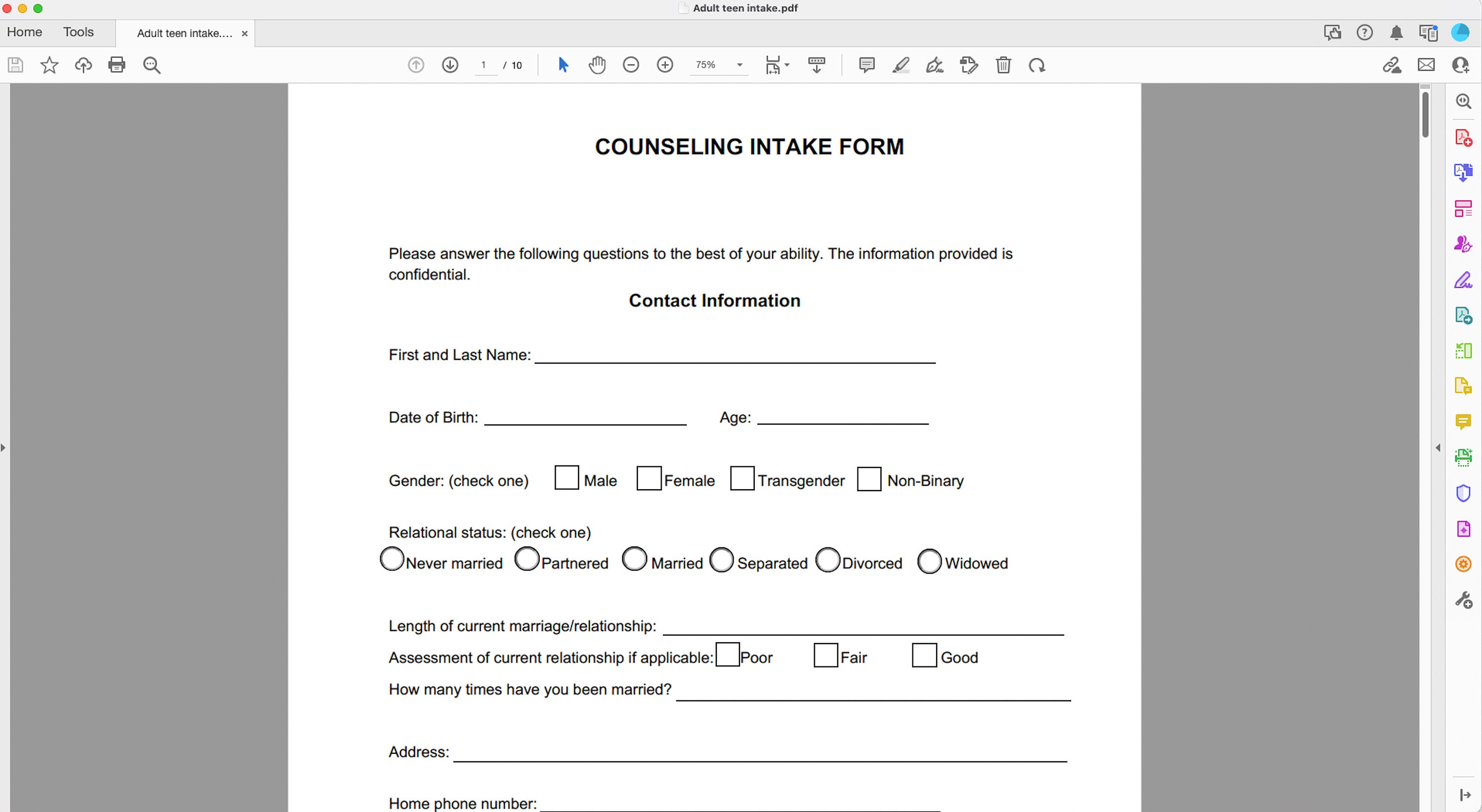 Adult and Teen Counseling Intake Form - Fillable Pdf. - Etsy
