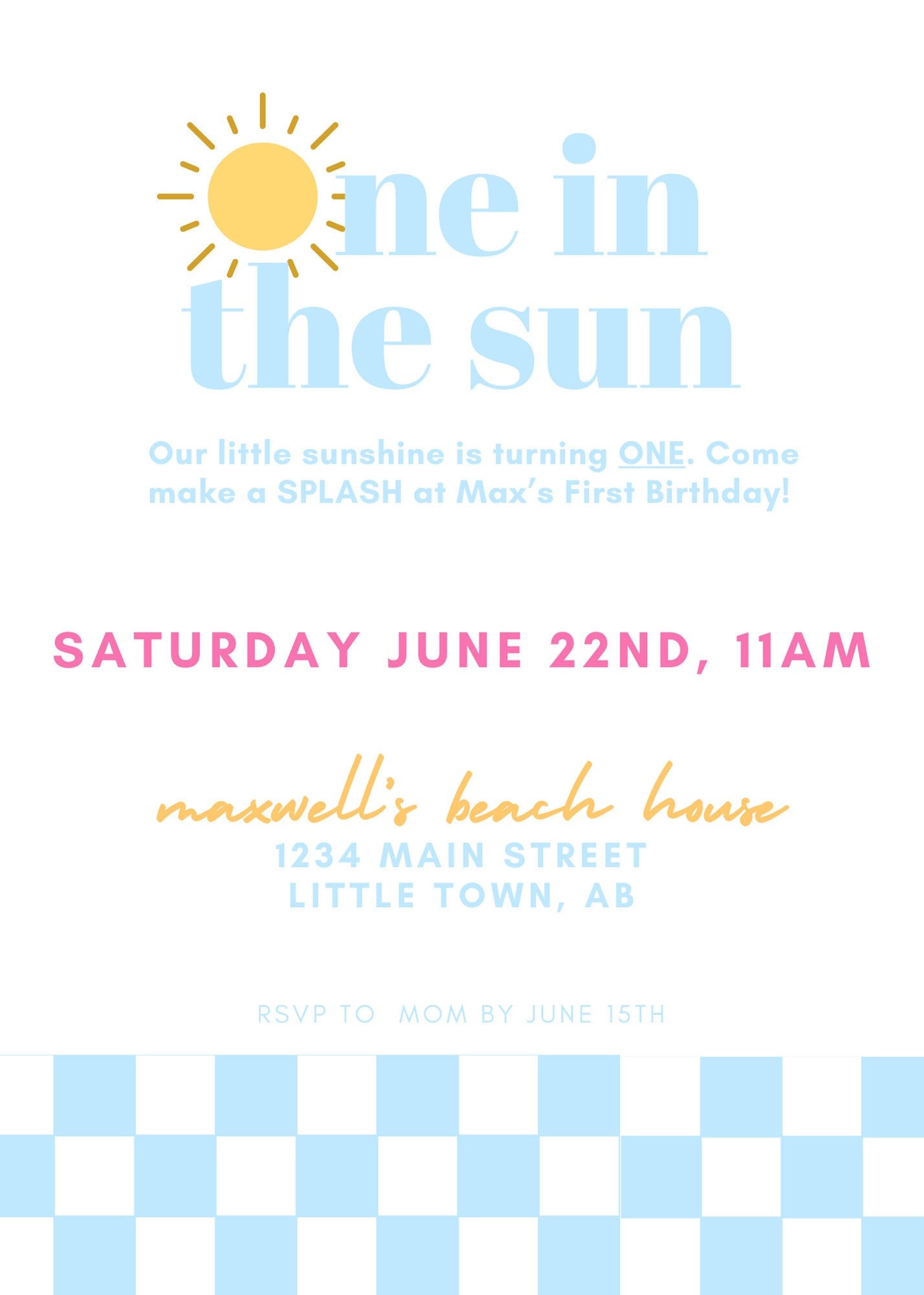 One in the Sun First Birthday Invitation, Gender Neutral Beach Theme ...