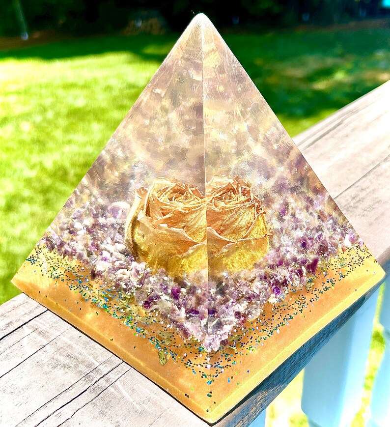Yellow Rose Resin Pyramid With Amethyst Base, Crystal Pyramid, Raw ...