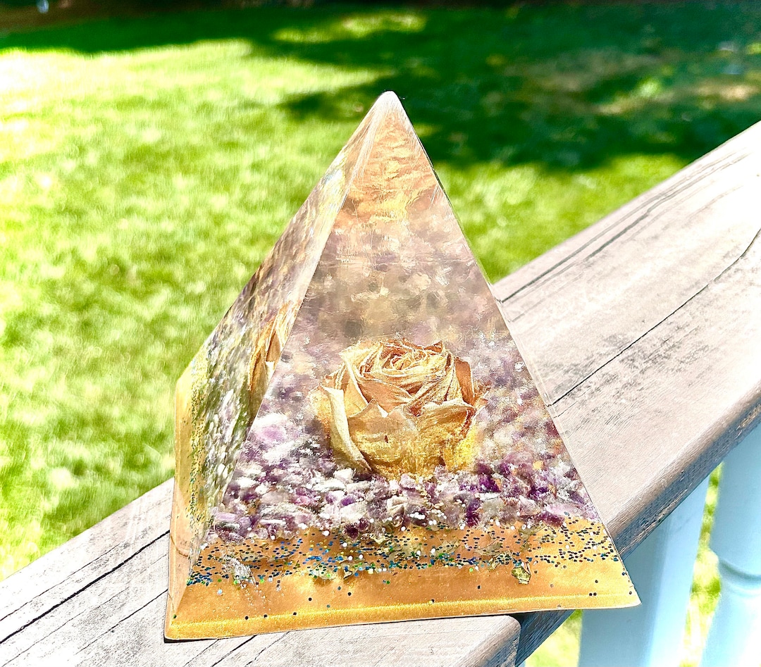 Yellow Rose Resin Pyramid With Amethyst Base, Crystal Pyramid, Raw ...