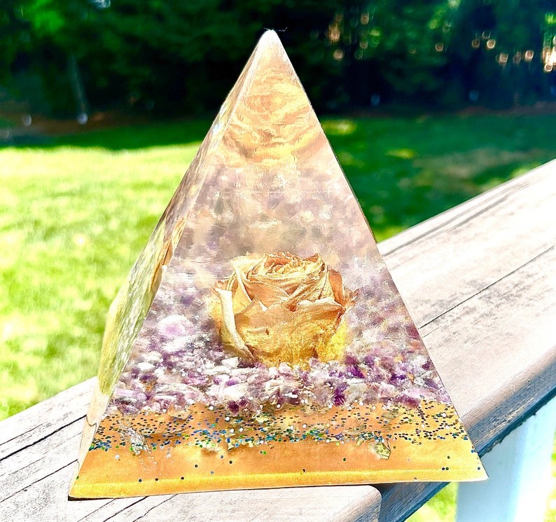 Yellow Rose Resin Pyramid With Amethyst Base, Crystal Pyramid, Raw ...