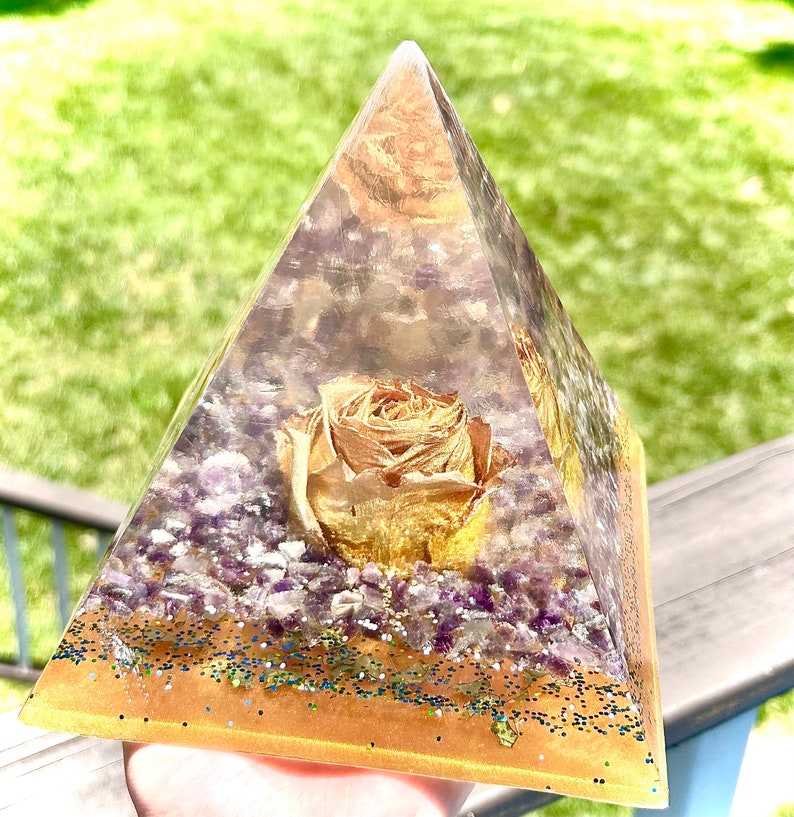 Yellow Rose Resin Pyramid With Amethyst Base, Crystal Pyramid, Raw ...