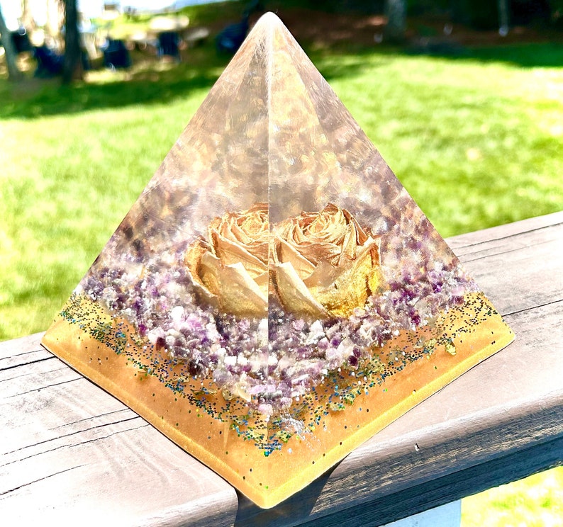 Yellow Rose Resin Pyramid With Amethyst Base, Crystal Pyramid, Raw ...