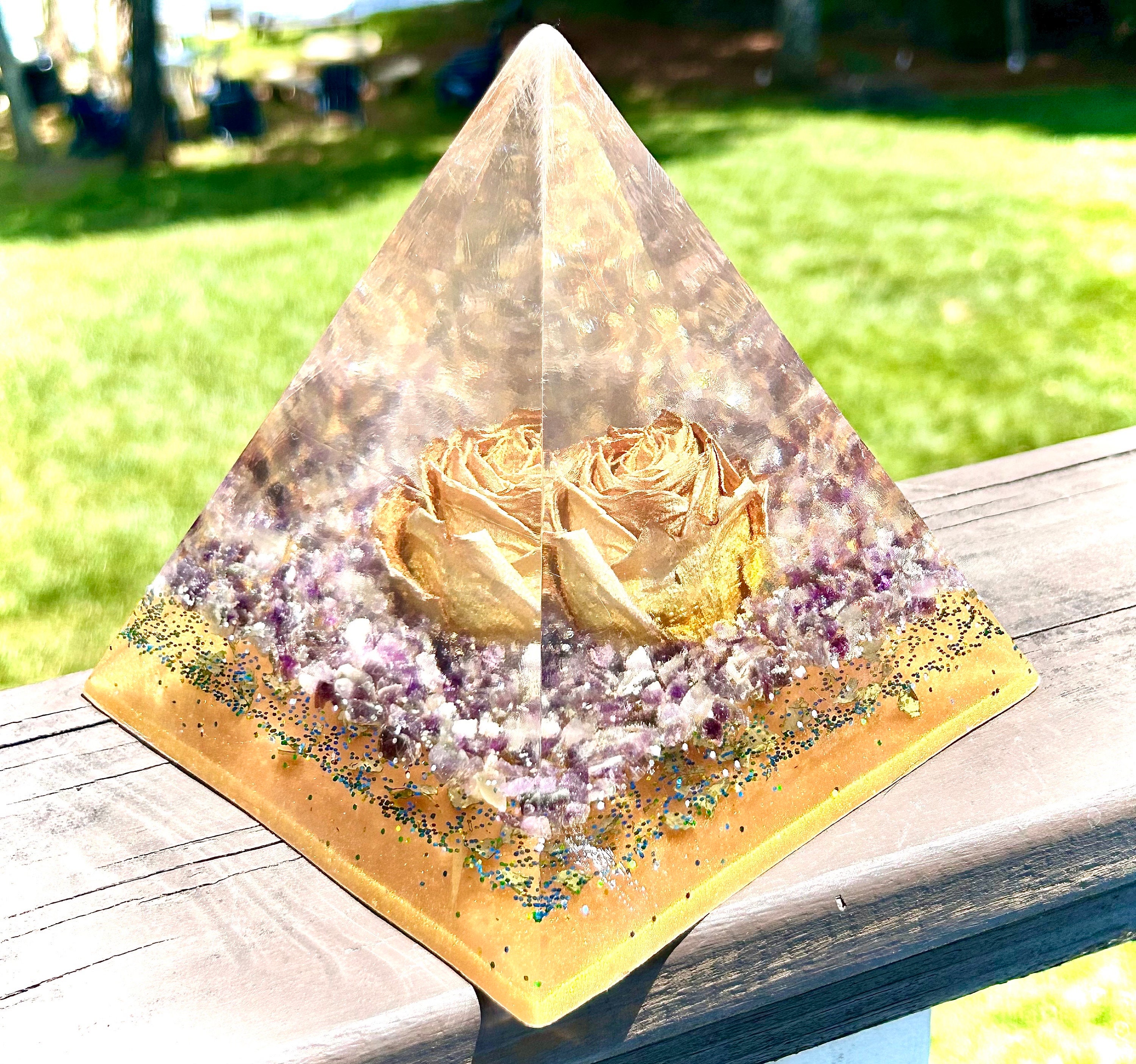 Yellow Rose Resin Pyramid With Amethyst Base, Crystal Pyramid, Raw ...