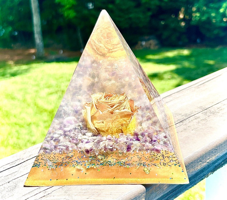 Yellow Rose Resin Pyramid With Amethyst Base, Crystal Pyramid, Raw ...