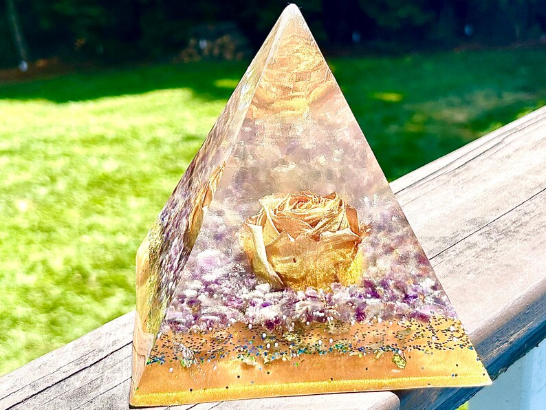 Yellow Rose Resin Pyramid With Amethyst Base, Crystal Pyramid, Raw ...
