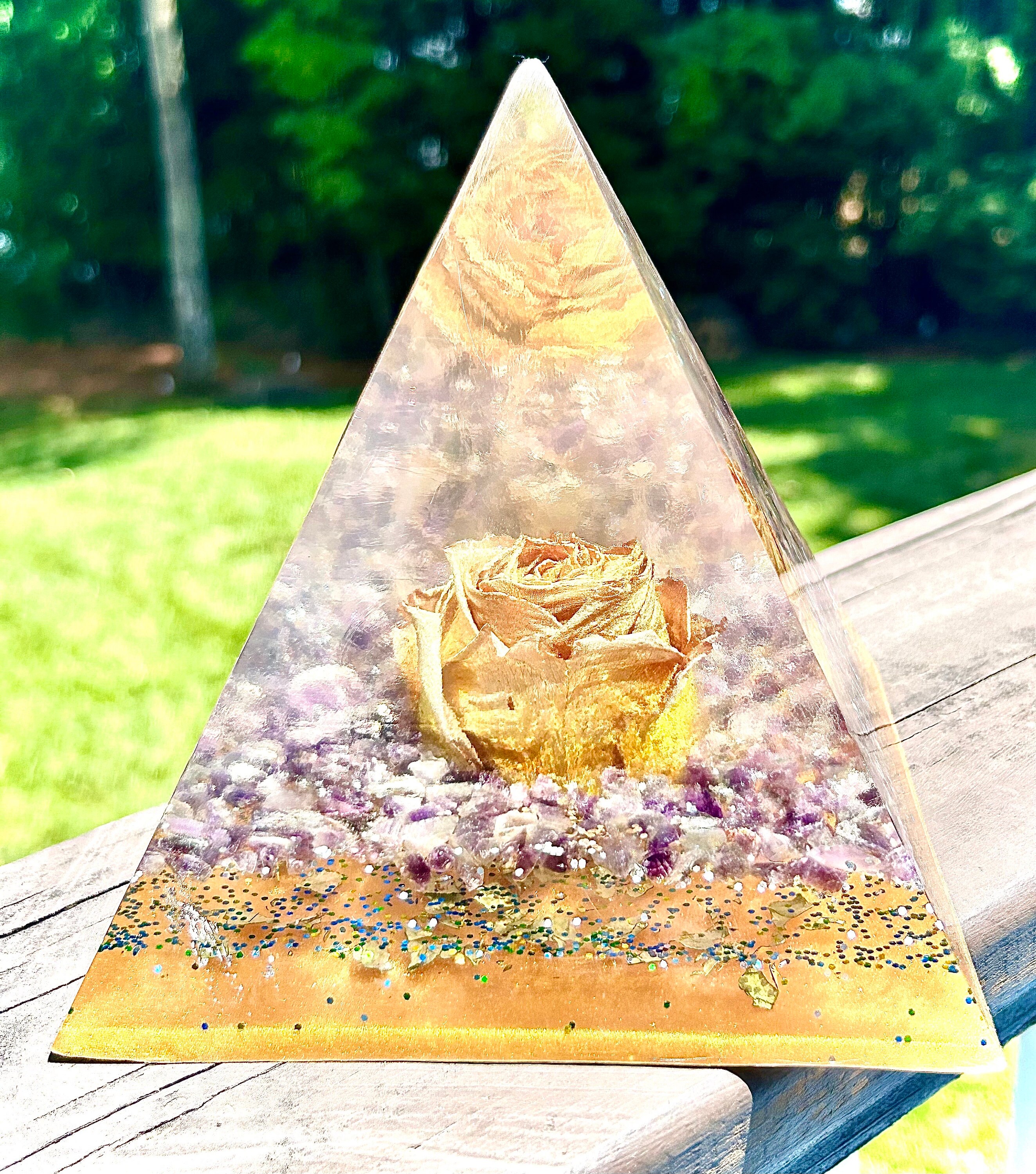 Yellow Rose Resin Pyramid With Amethyst Base, Crystal Pyramid, Raw ...