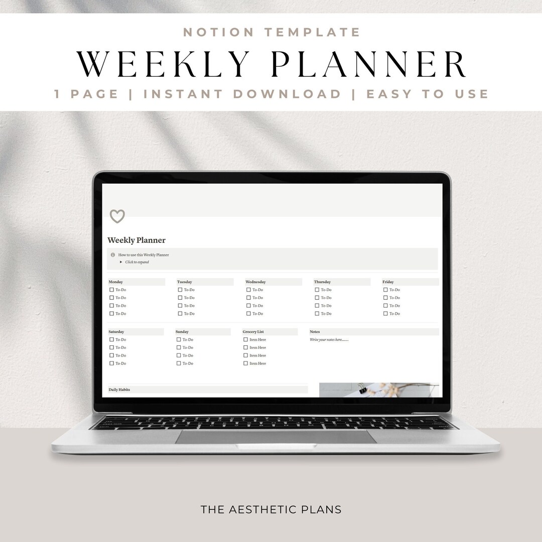 Notion Weekly Planner Template Simple Weekly Tasks Template - Etsy