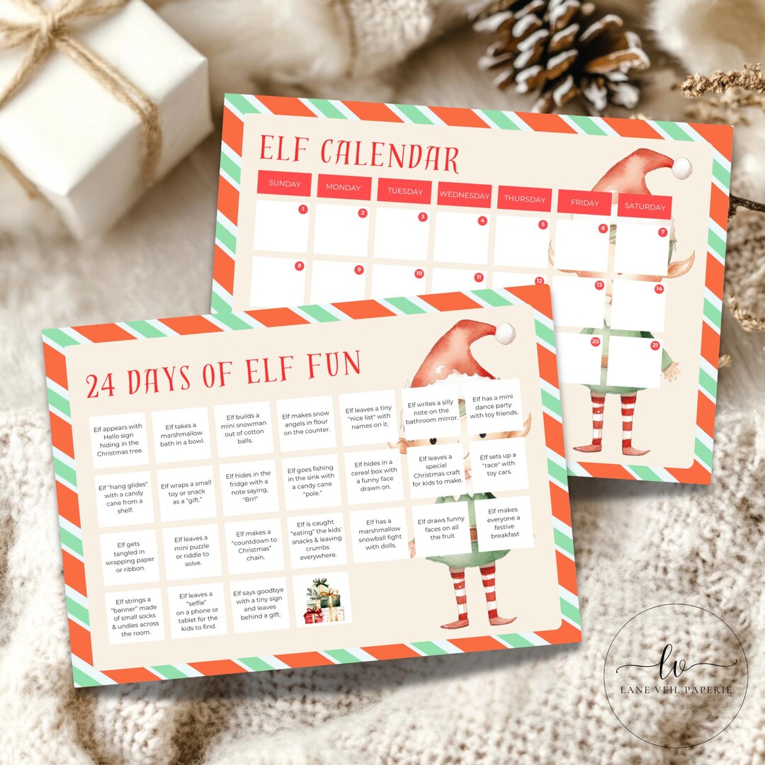 Christmas Elf Ideas Calendar, Editable Elf Calendar Printable, 24 Days ...