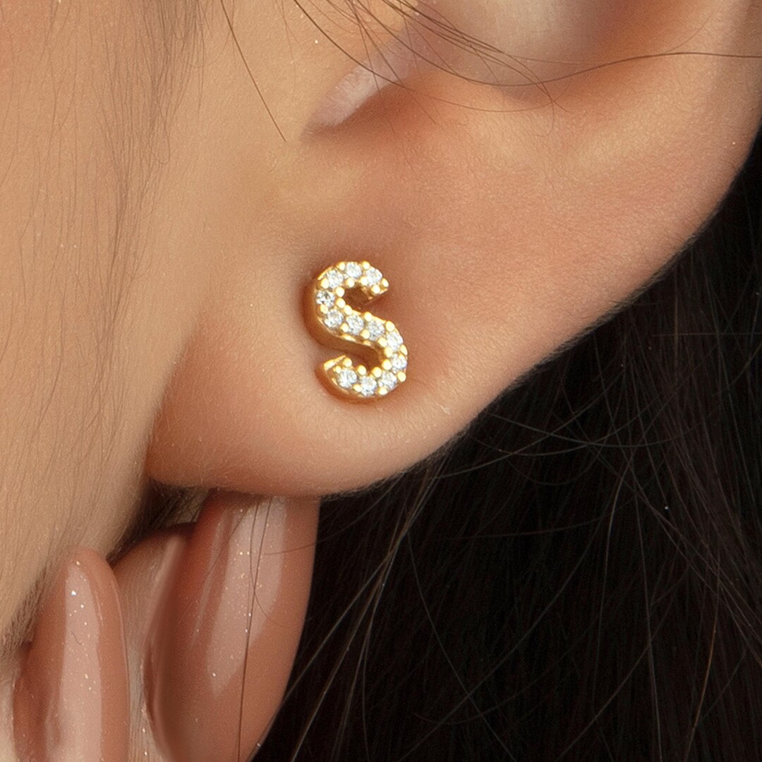 Gold Alphabet Earring, Alphabet Stud, Cz Stud Initial Earring, Initial ...