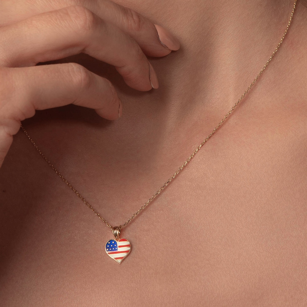 14K Solid Gold American Flag Pendant Necklace USA Flag Jewelry ...