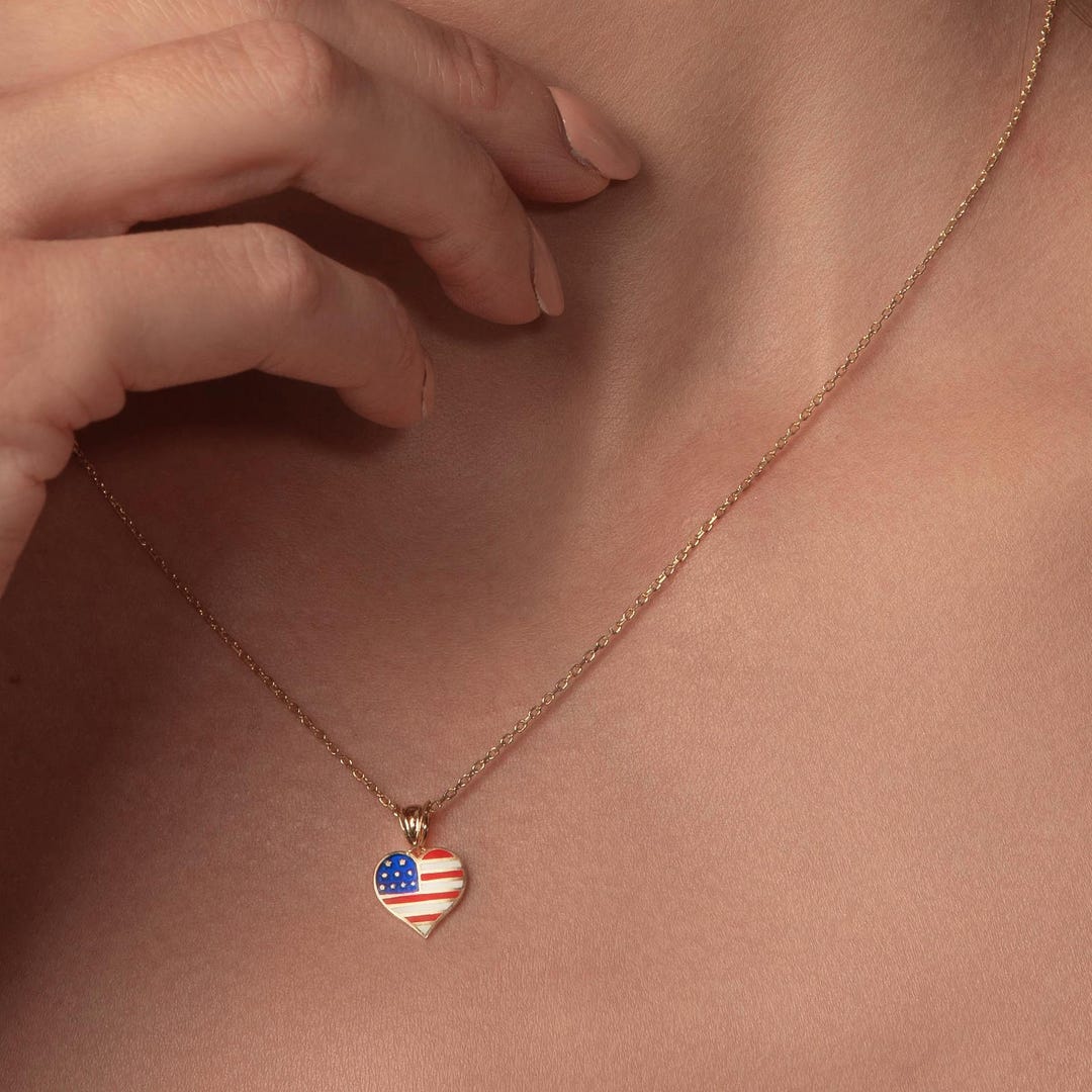14K Solid Gold American Flag Pendant Necklace • USA Flag Jewelry ...