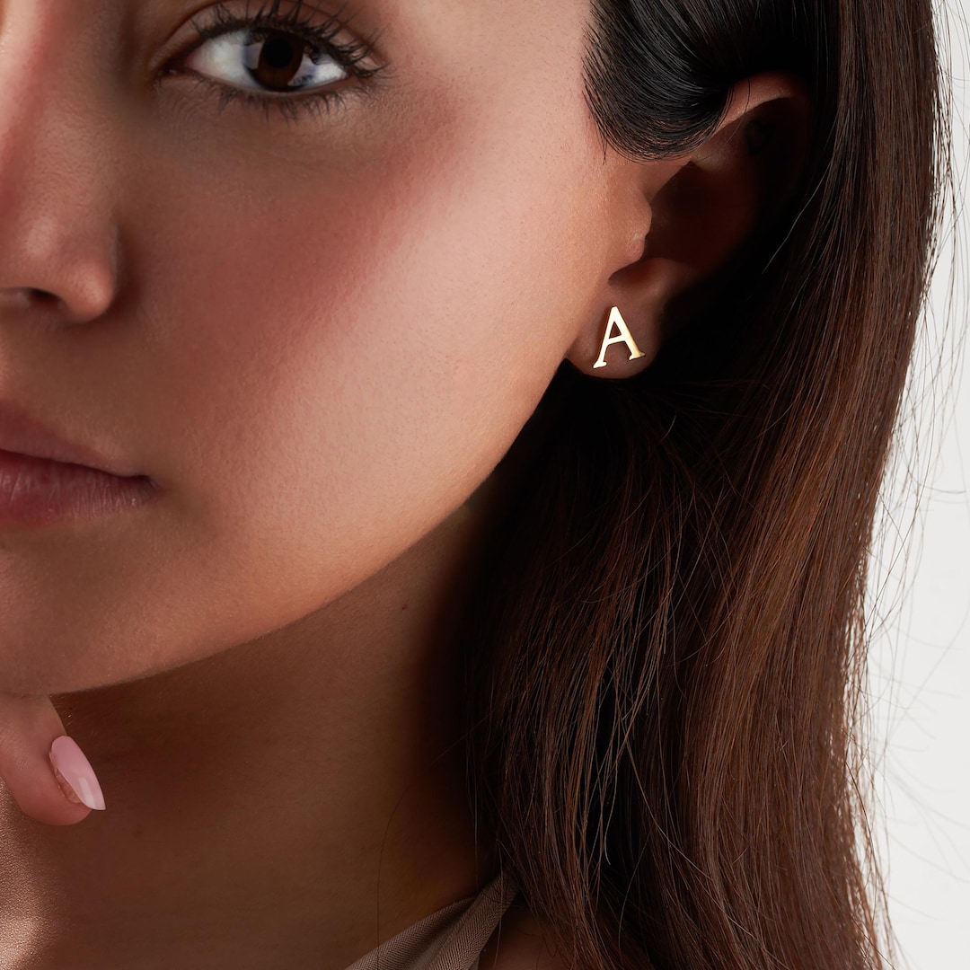 14K Gold Initial Earrings, Personalized Letter Earrings, 1dainty Stud ...