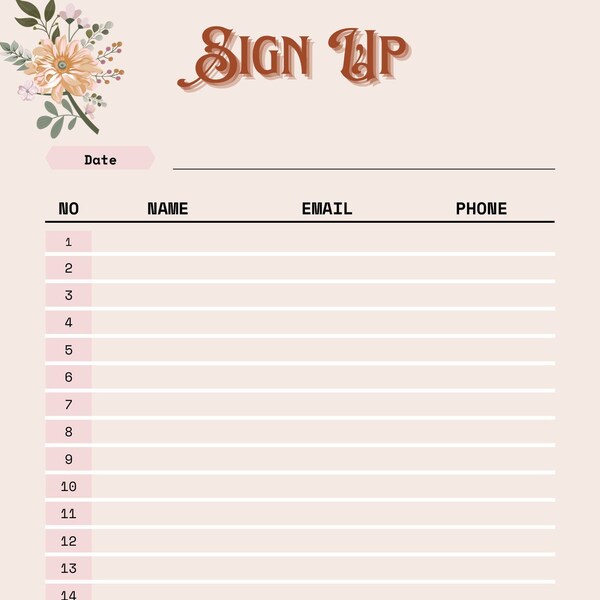 Free Sign up Sheet Template - Etsy