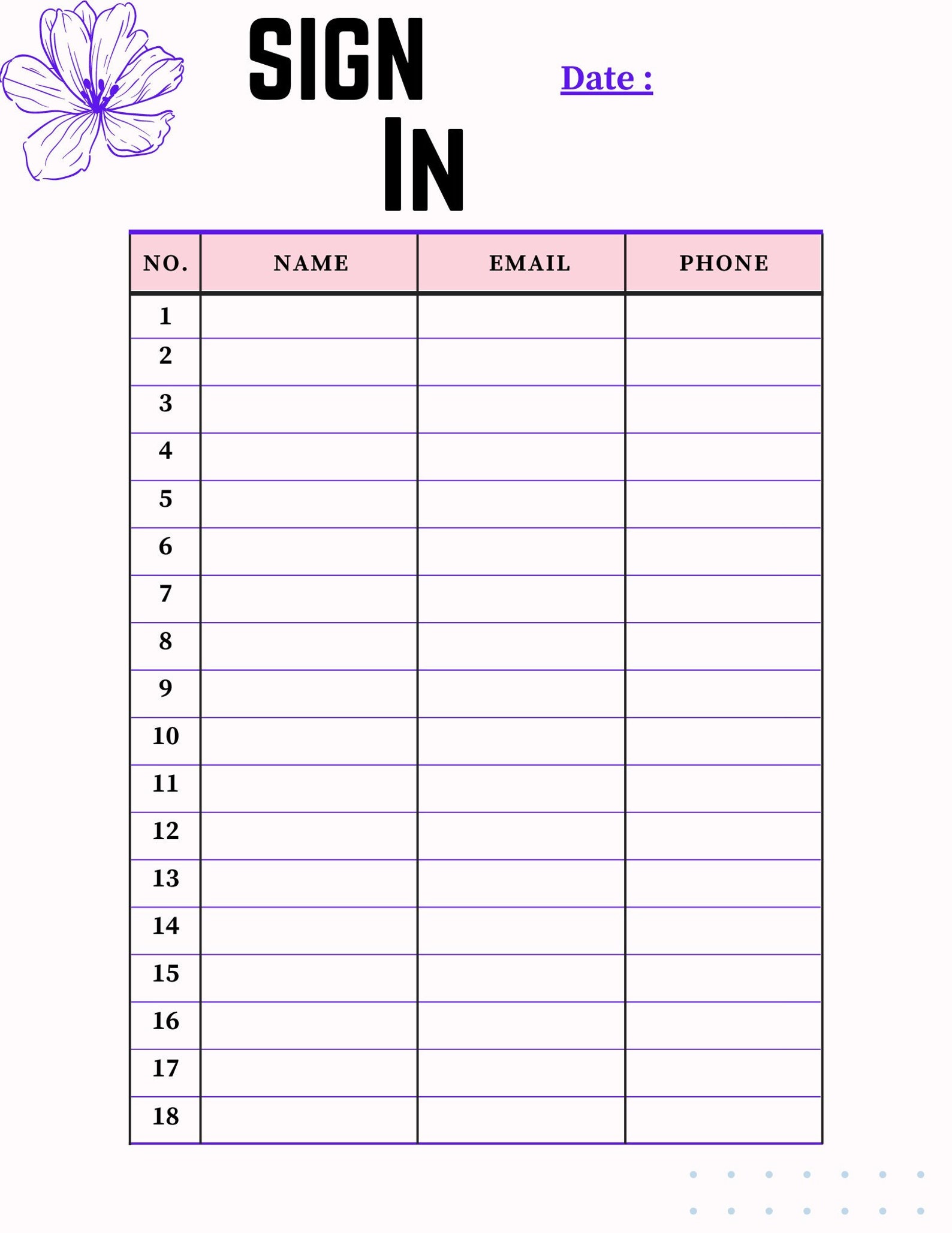 Simple Sign-in Sheet, Customer Info Sheet, Employee Sign-in Sheet, Sign ...