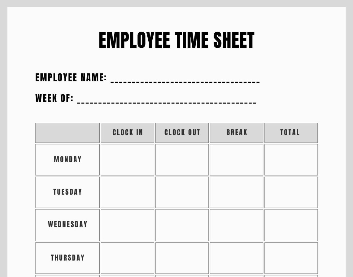 Printable Employee Timesheet, Printable Timecard, Work Schedule Tracker ...