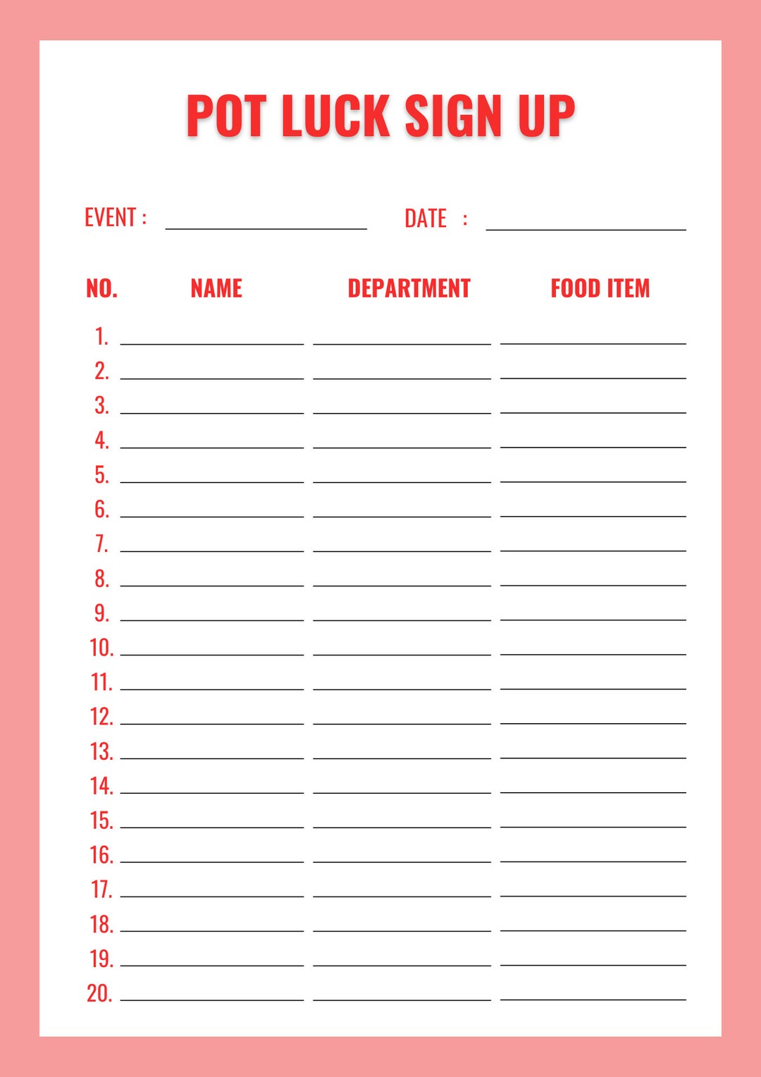 Easy Potluck Sign-up Sheet Food Sign-up Sheet Employee - Etsy