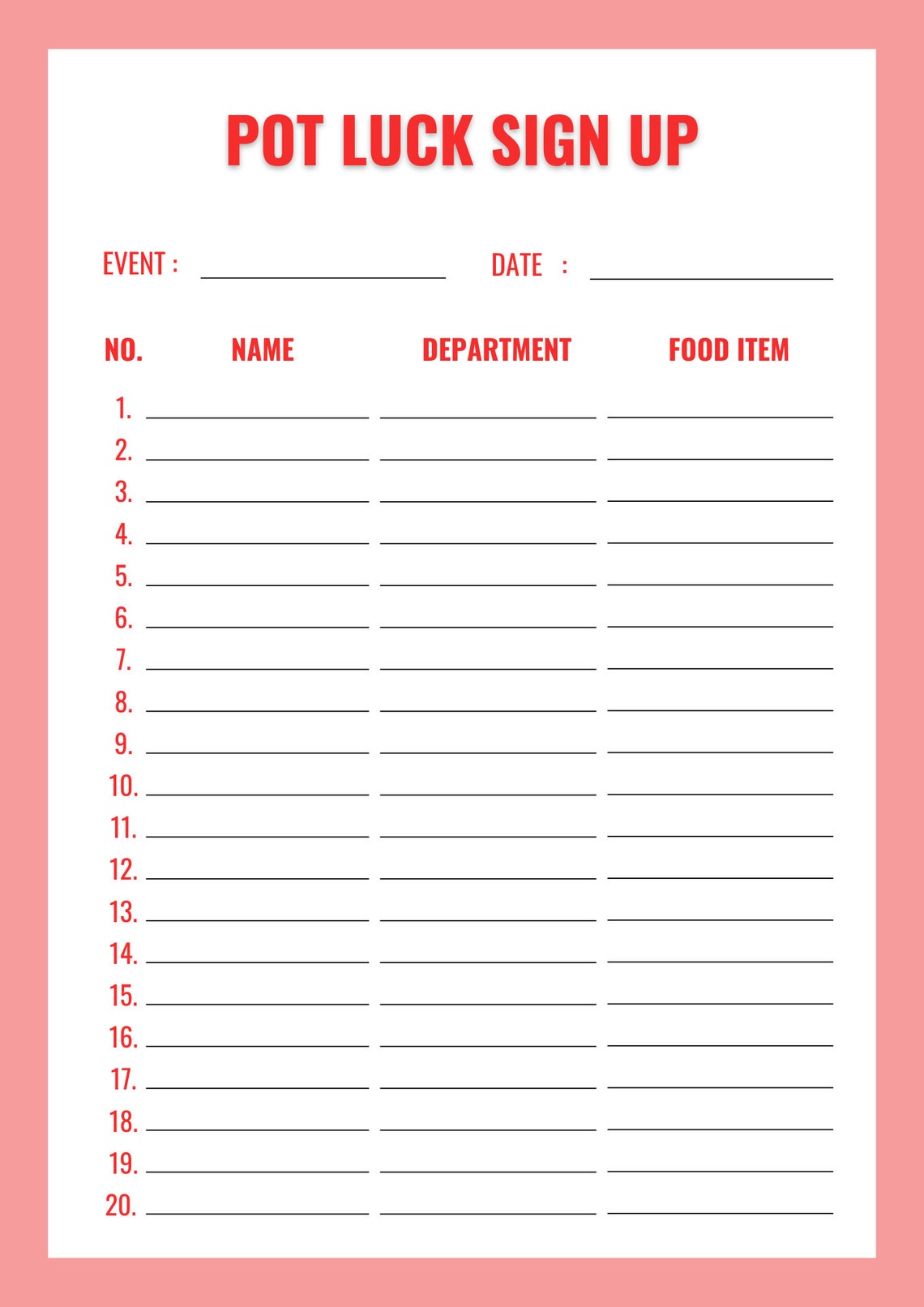 Easy Potluck Sign-up Sheet Food Sign-up Sheet Employee - Etsy