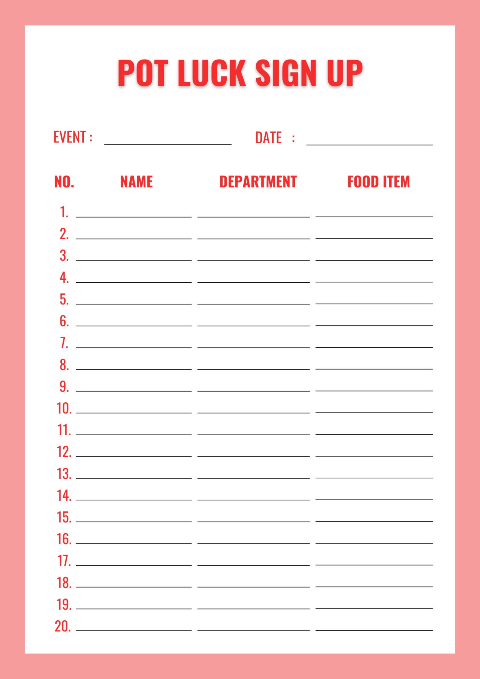 Easy Potluck Sign-up Sheet Food Sign-up Sheet Employee - Etsy