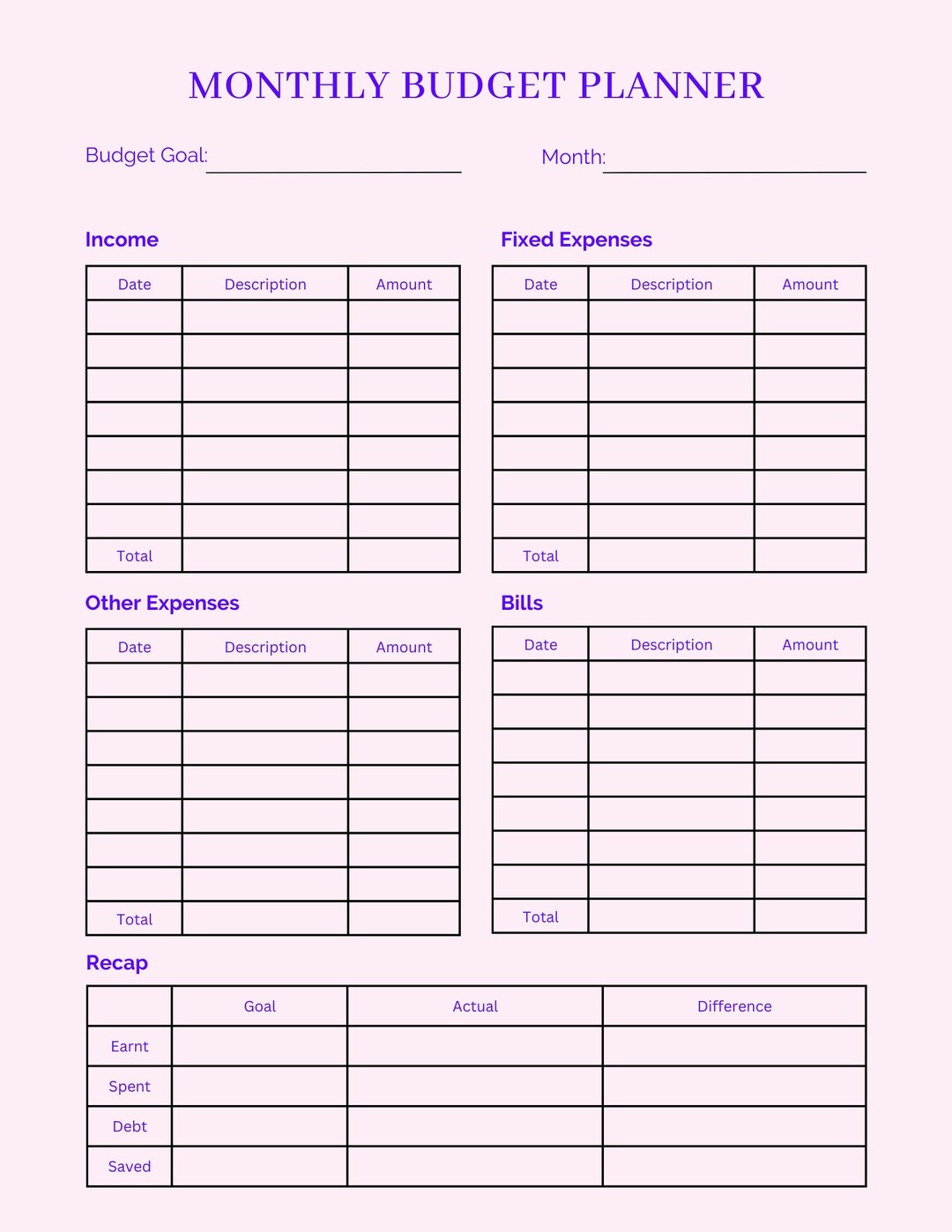 Simple Monthly Budget, Printable Digital Download, Pretty Buget Planner ...