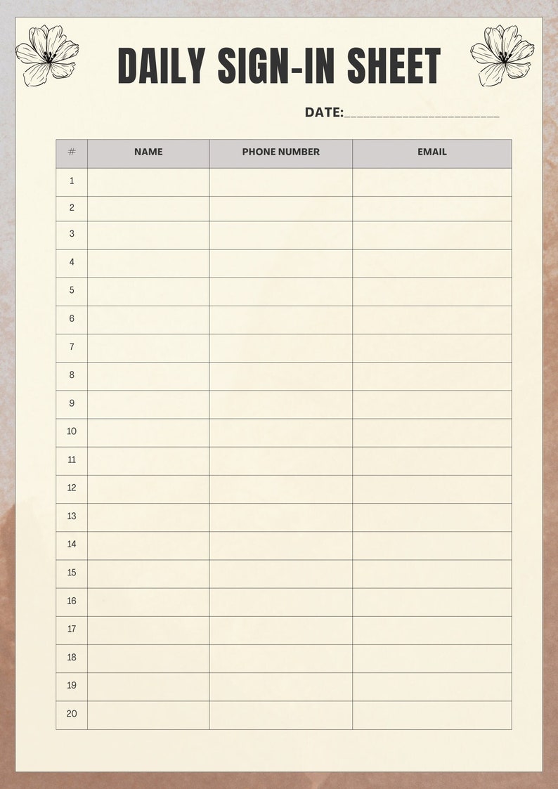 Simple Sign-in Sheet, Customer Info Sheet, Employee Sign-in Sheet, Sign ...