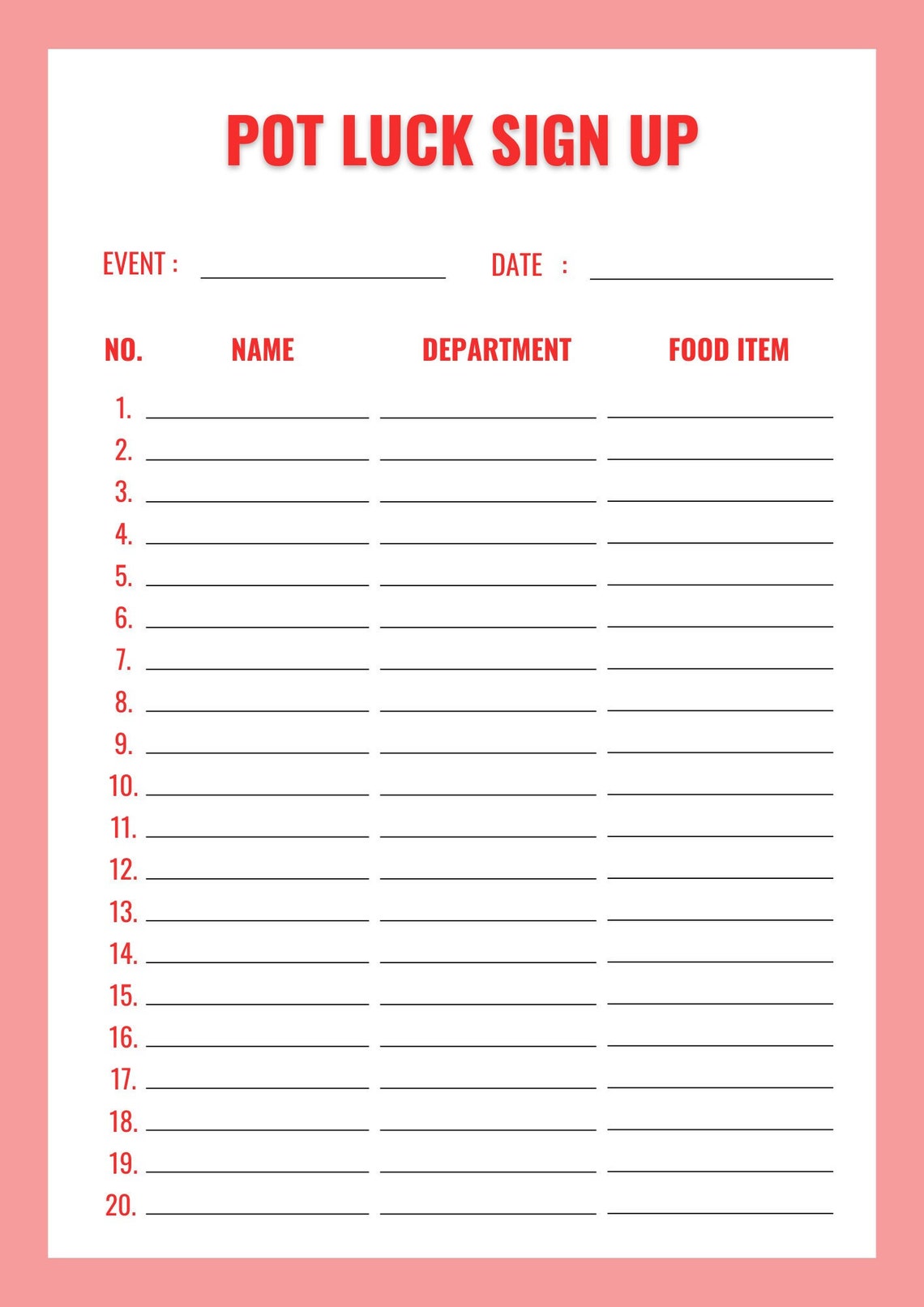 Easy Potluck Sign-up Sheet, Food Sign-up Sheet, Employee Sign-up Sheet ...