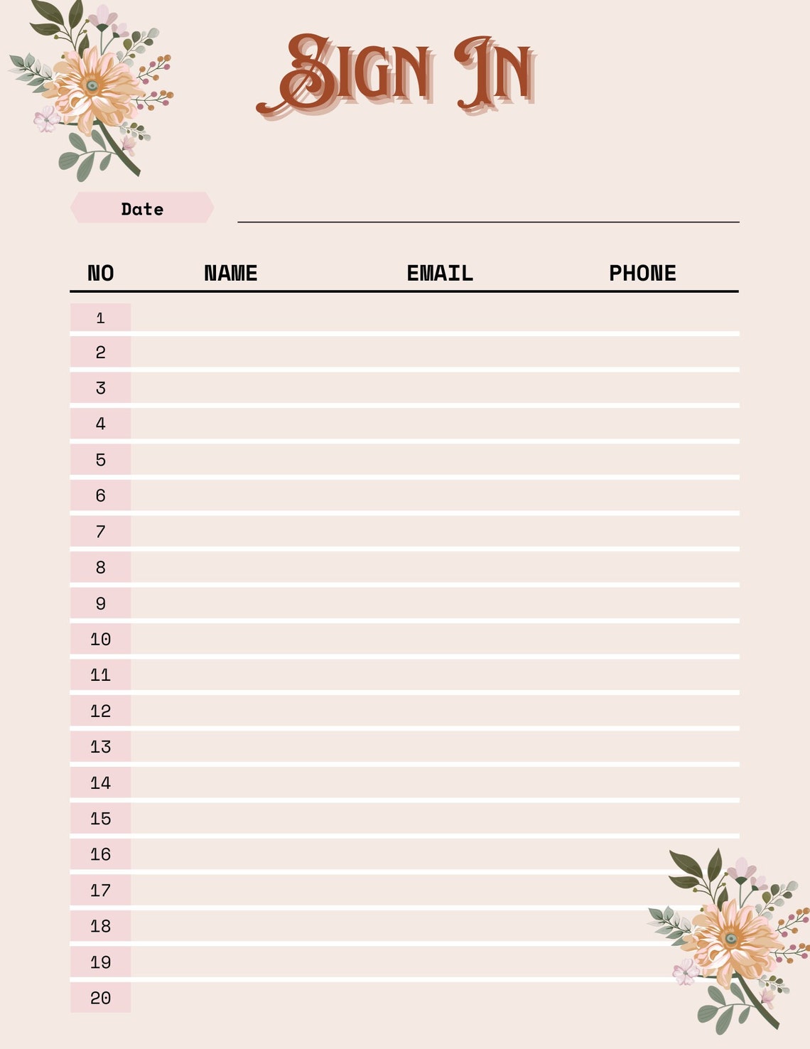 Elegant Sign-in Sheet, Beautiful Customer Info Sheet, Employee Sign-in ...