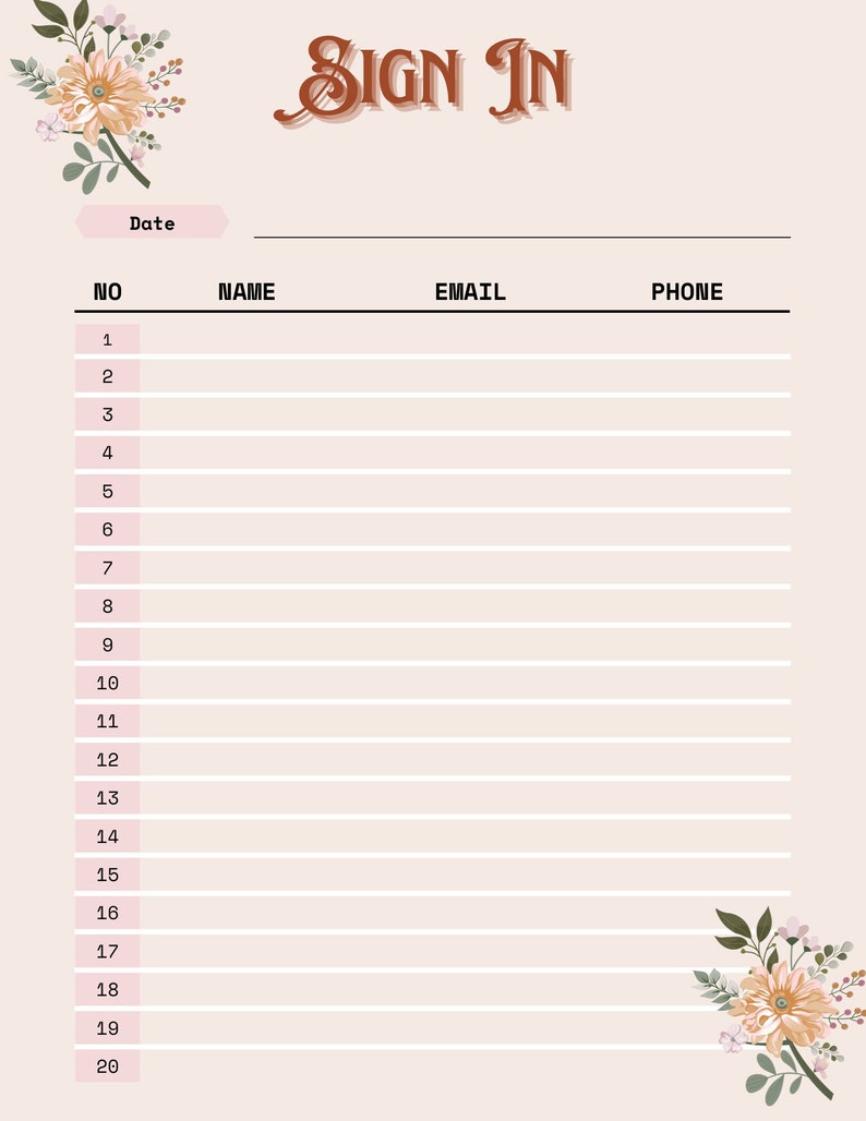 Elegant Sign-in Sheet, Beautiful Customer Info Sheet, Employee Sign-in ...