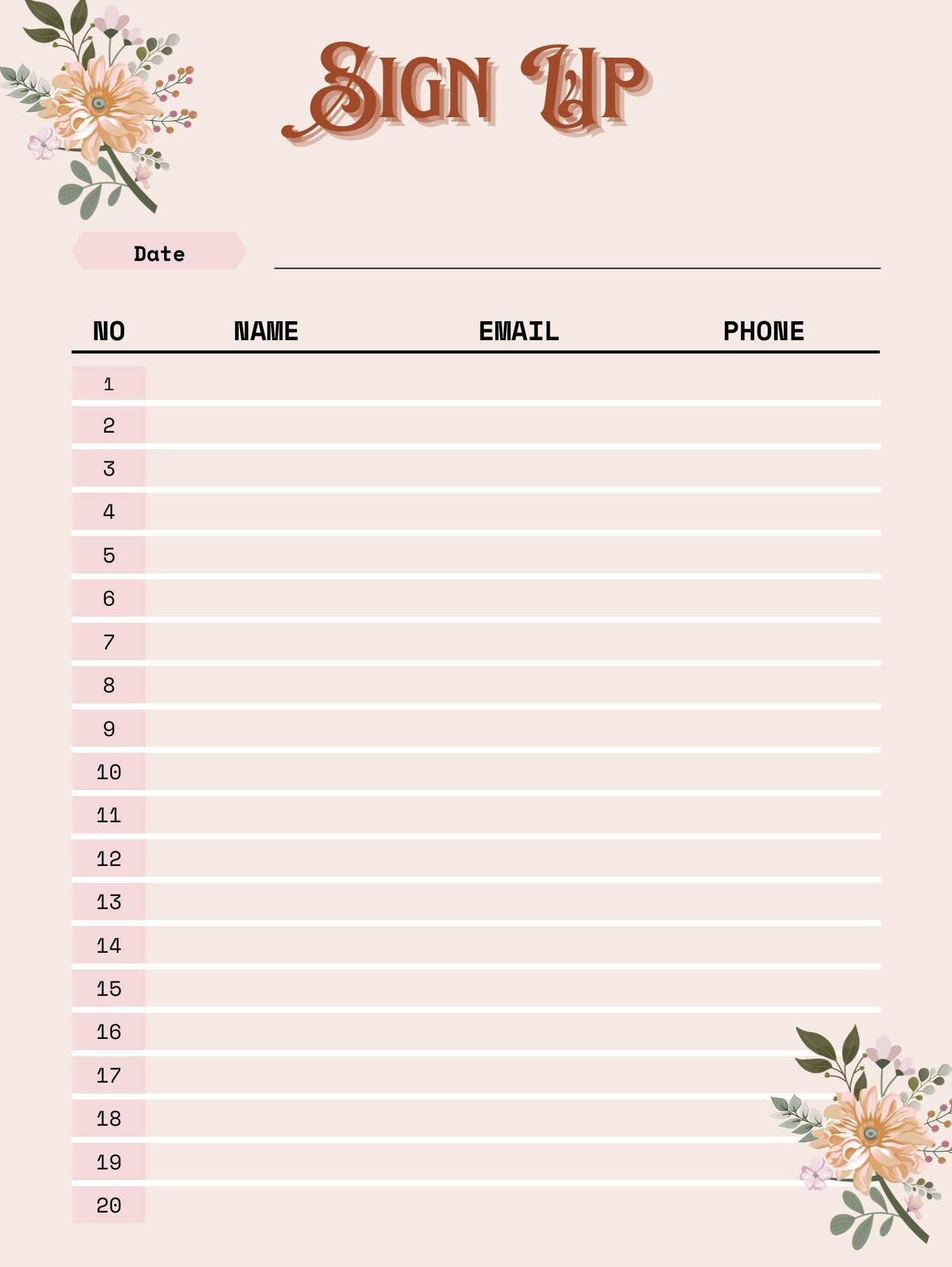 Elegant Sign-up Sheet, Beautiful Customer Info Sheet, Employee Sign-up ...
