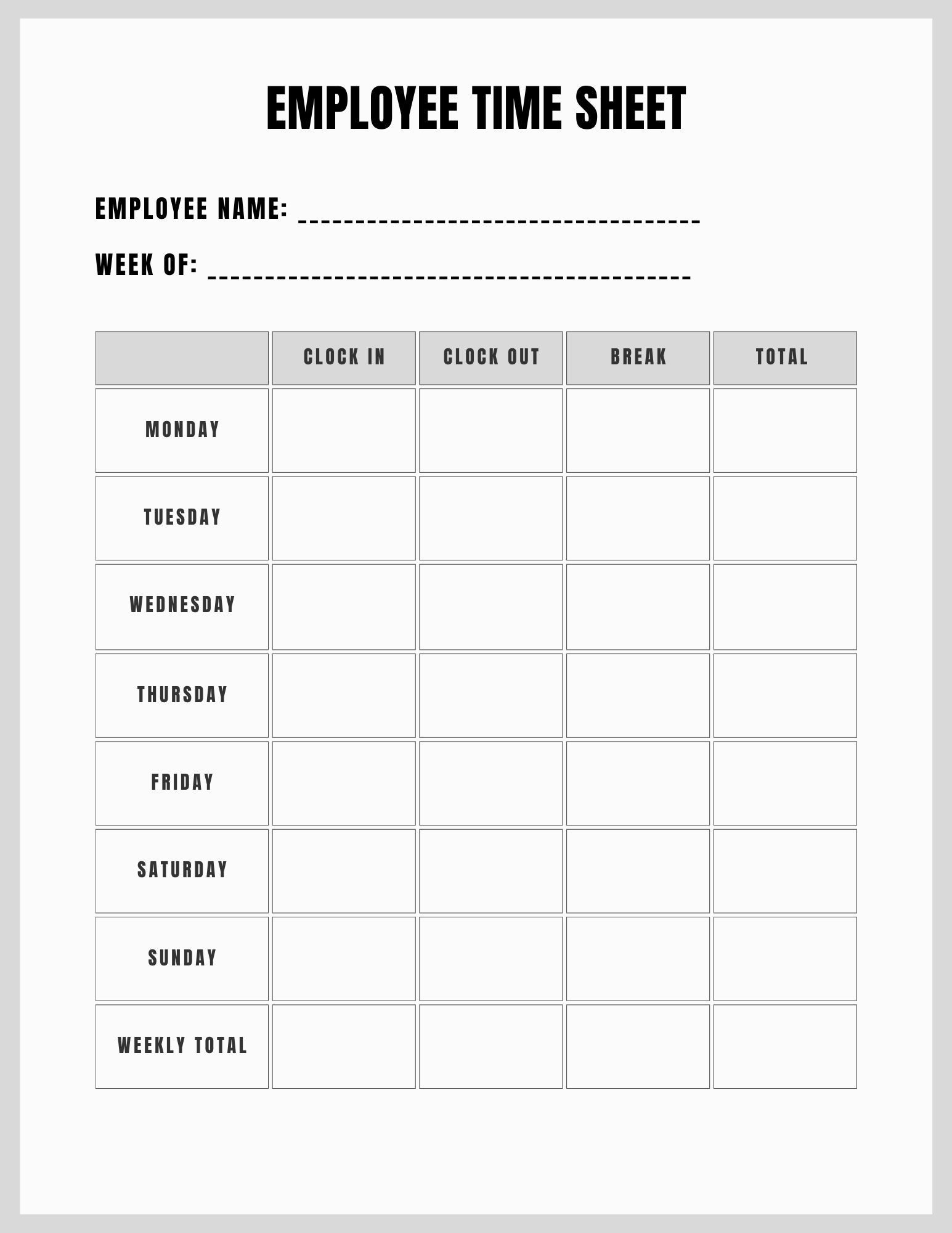 Printable Employee Timesheet Printable Timecard Work - Etsy