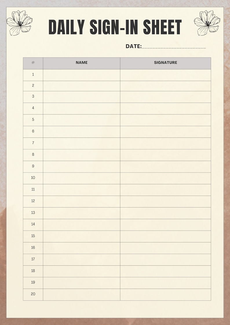 Simple Sign-in Sheet, Customer Info Sheet, Employee Sign-in Sheet, Sign ...