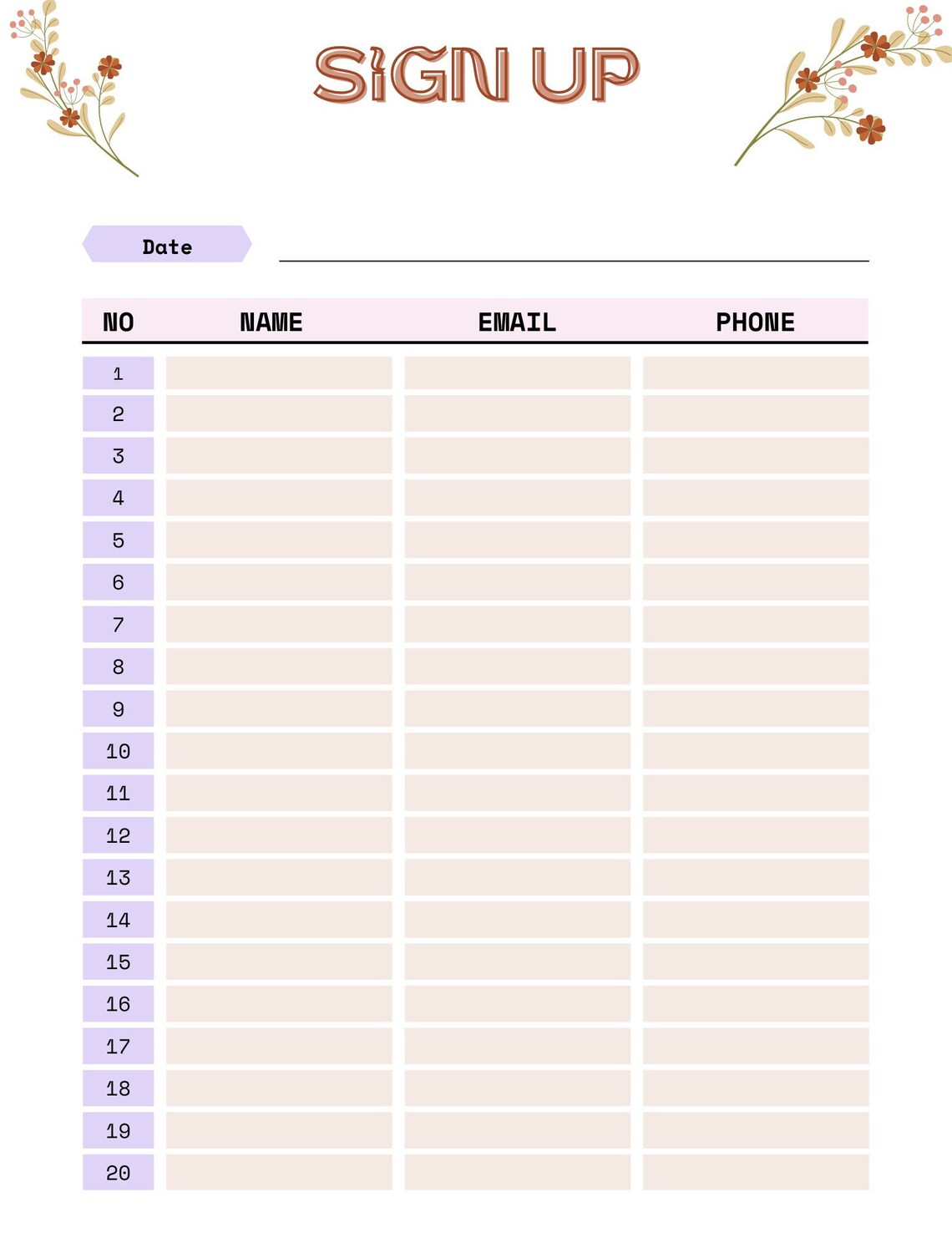 Elegant Sign-up Sheet, Customer Info Sheet, Employee Sign-up Sheet ...