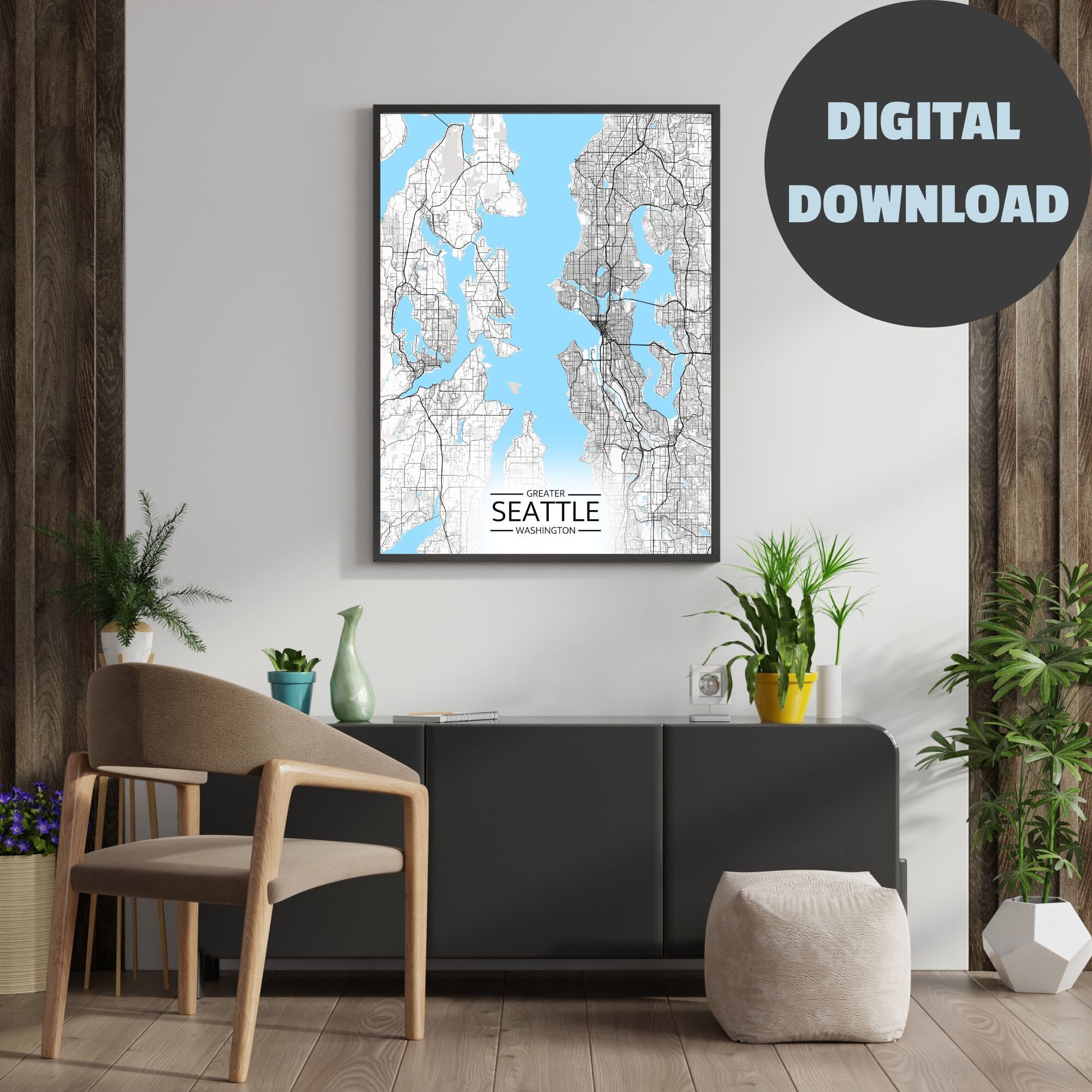Seattle, Seattle Map, Printable Art Map, Instant Download, Pacific ...