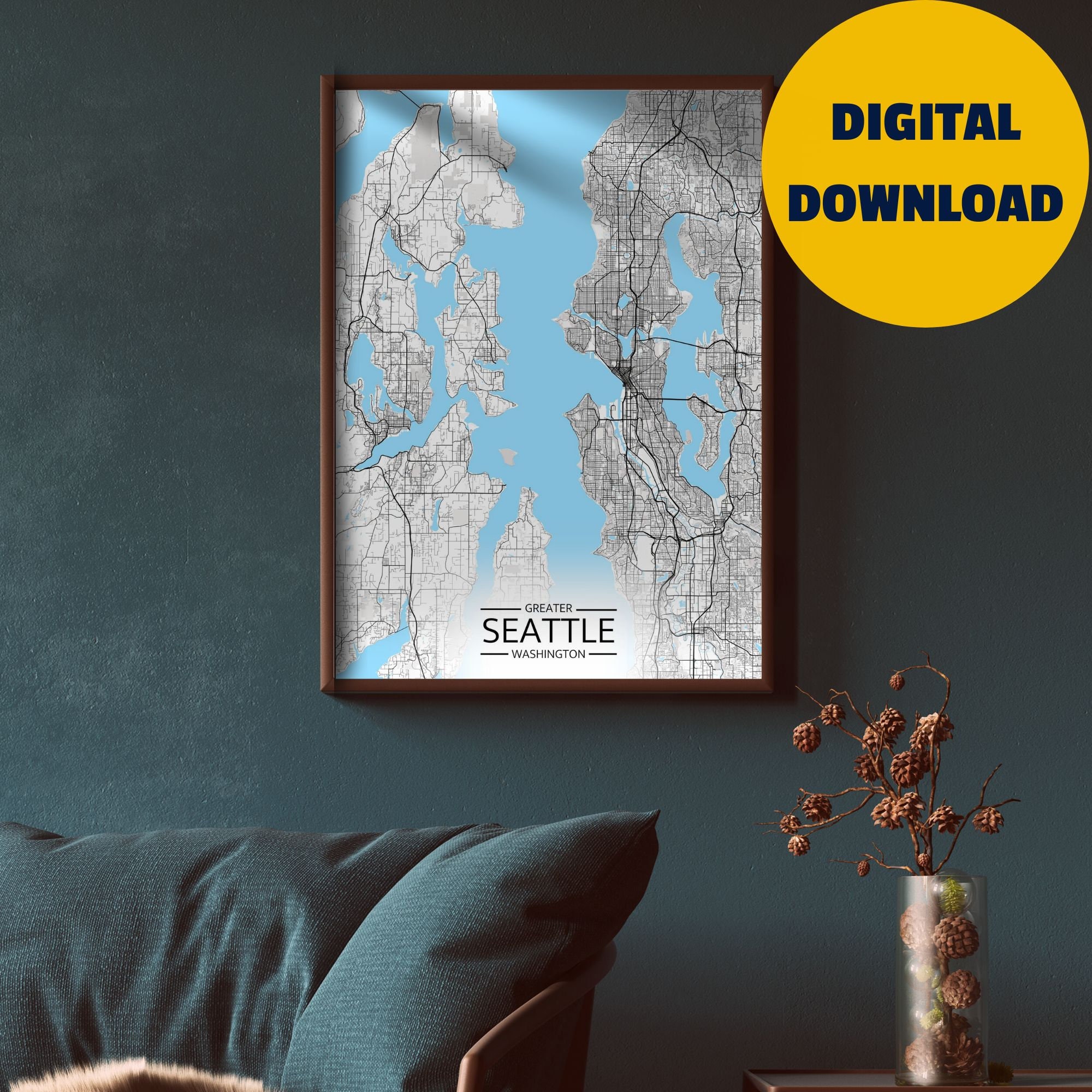 Seattle, Seattle Map, Printable Art Map, Instant Download, Pacific ...