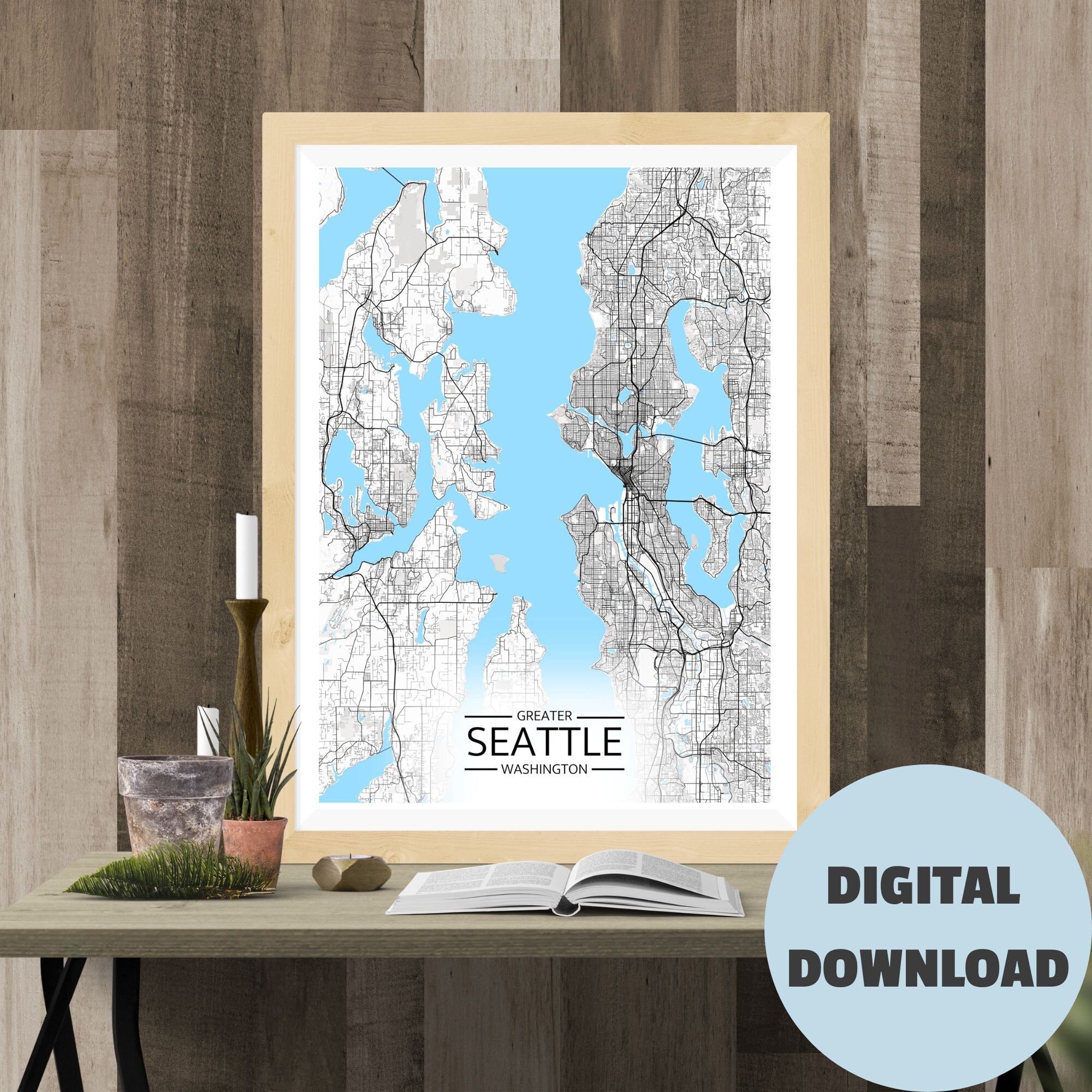 Seattle, Seattle Map, Printable Art Map, Instant Download, Pacific ...