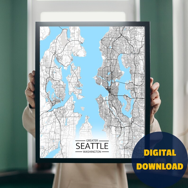 Seattle, Seattle Map, Printable Art Map, Instant Download, Pacific ...